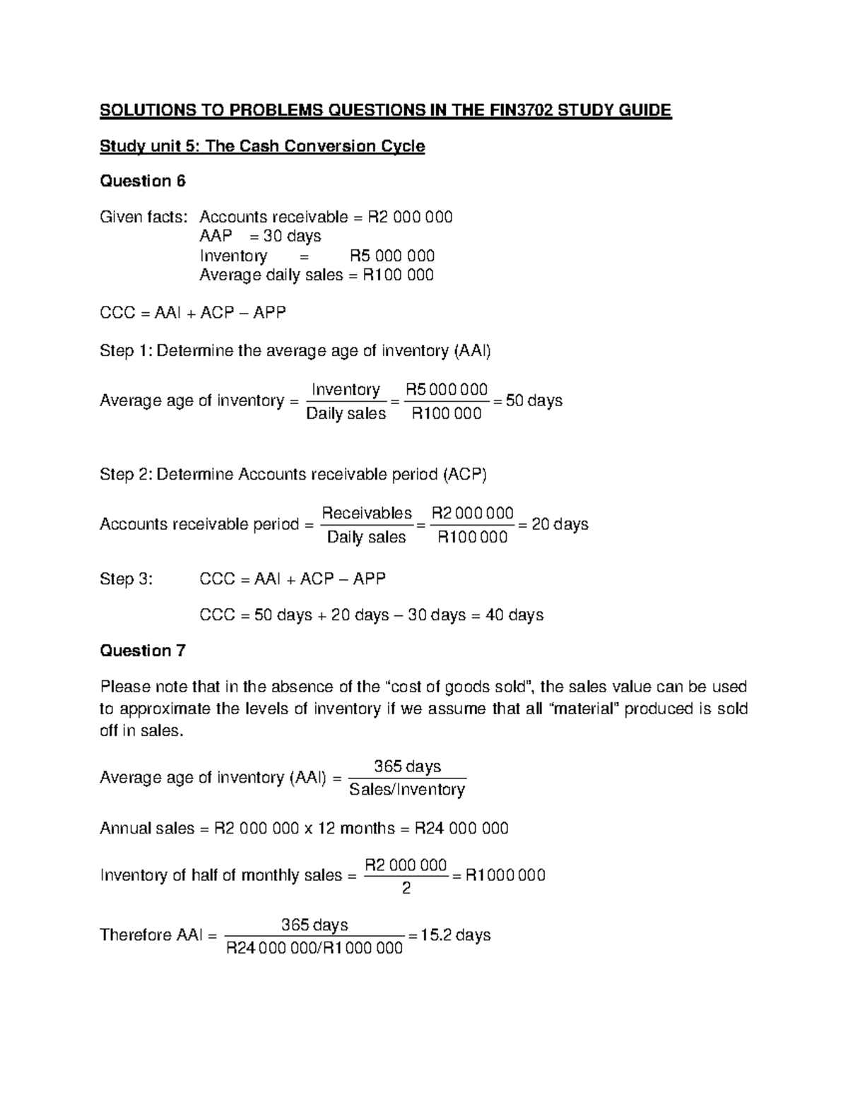 Selected Study Guide Problem Solutions For Fin3702 Solutions To