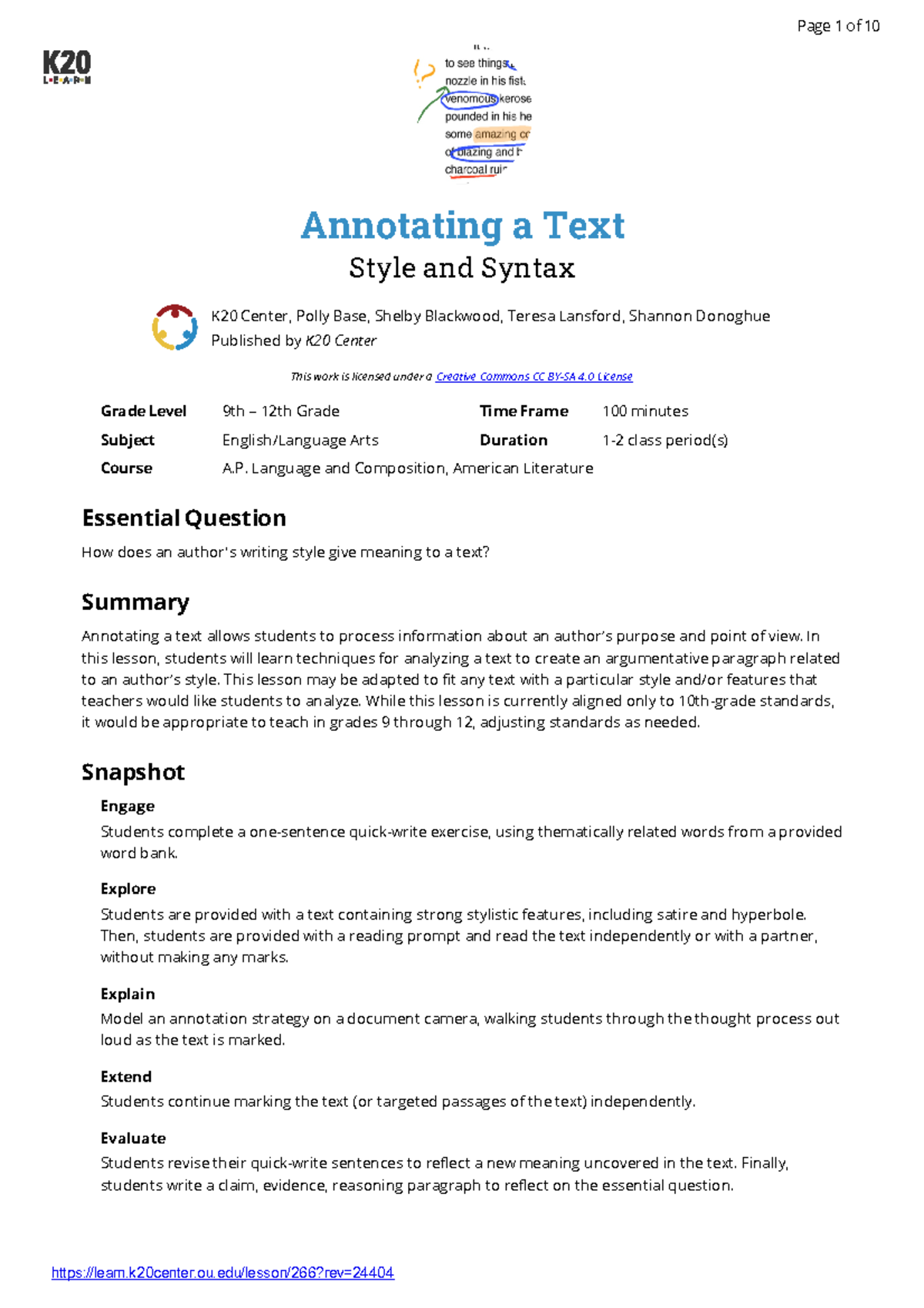 Annotating A Text Annotating A Text Grade Level 9th 12th Grade