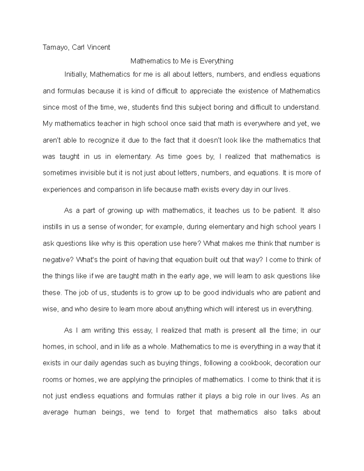 Mathematics To Me Is Everything Mathematics Essay Tamayo Carl