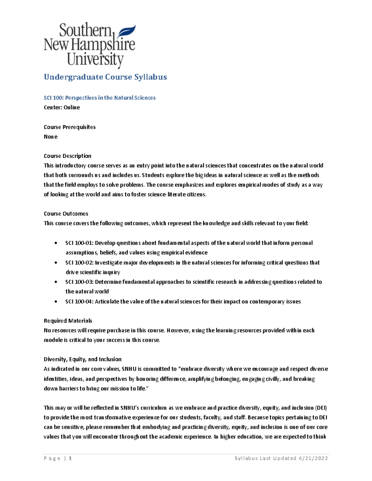 SCI 100 Syllabus - Summary Perspectives in the Natural Sciences ...