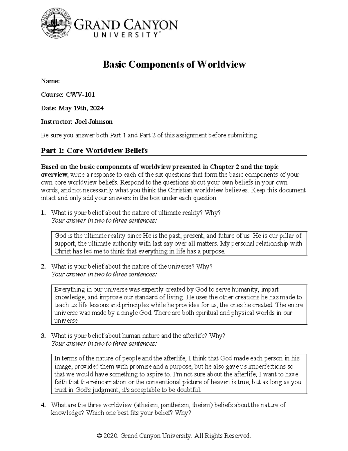 CWV-101-301-RS-T1Basic Components Of Worldview - Basic Components of Worldview Name: Course: CWV ...