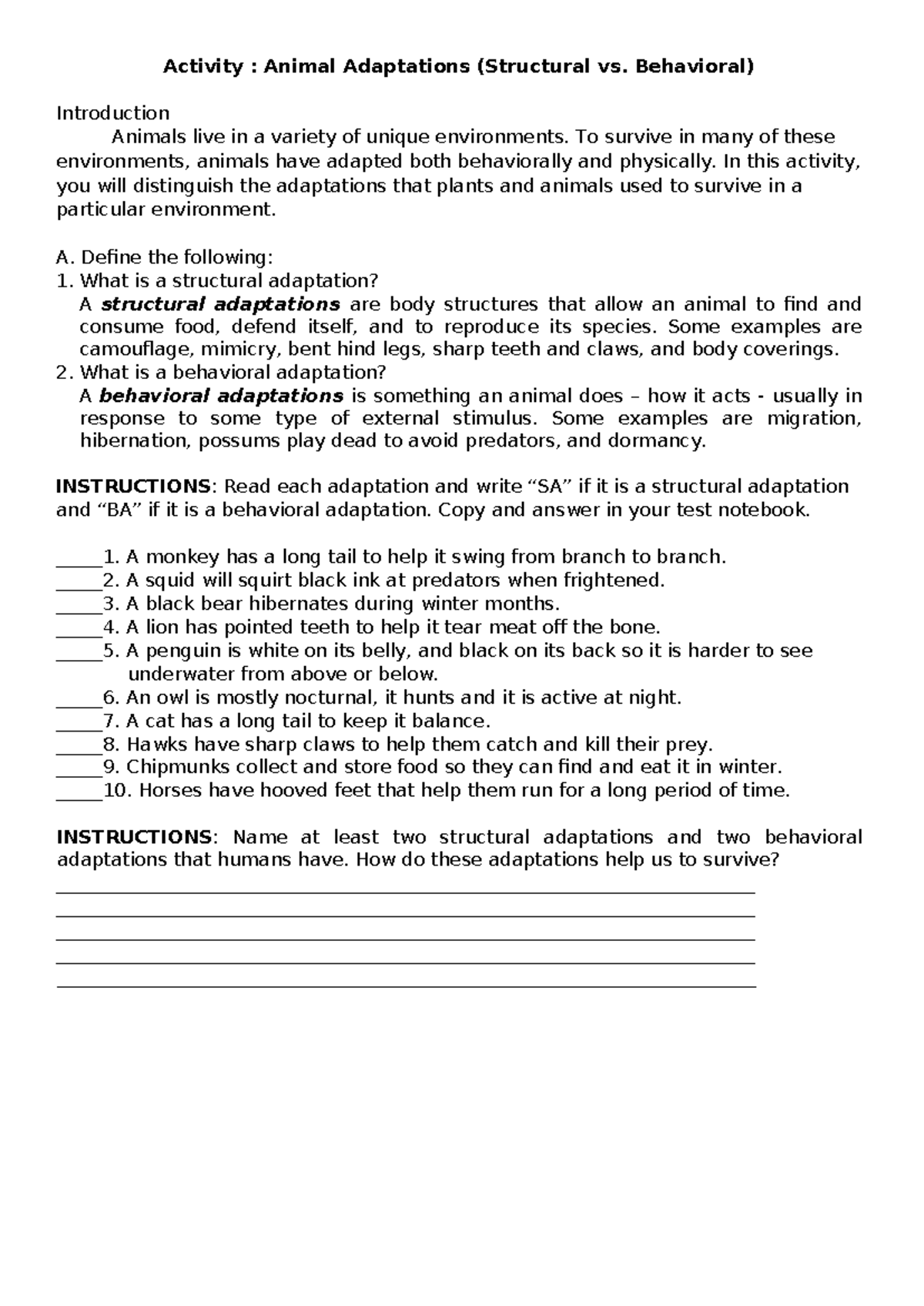 Activity Science 9 SEPT 172024 - Activity : Animal Adaptations ...