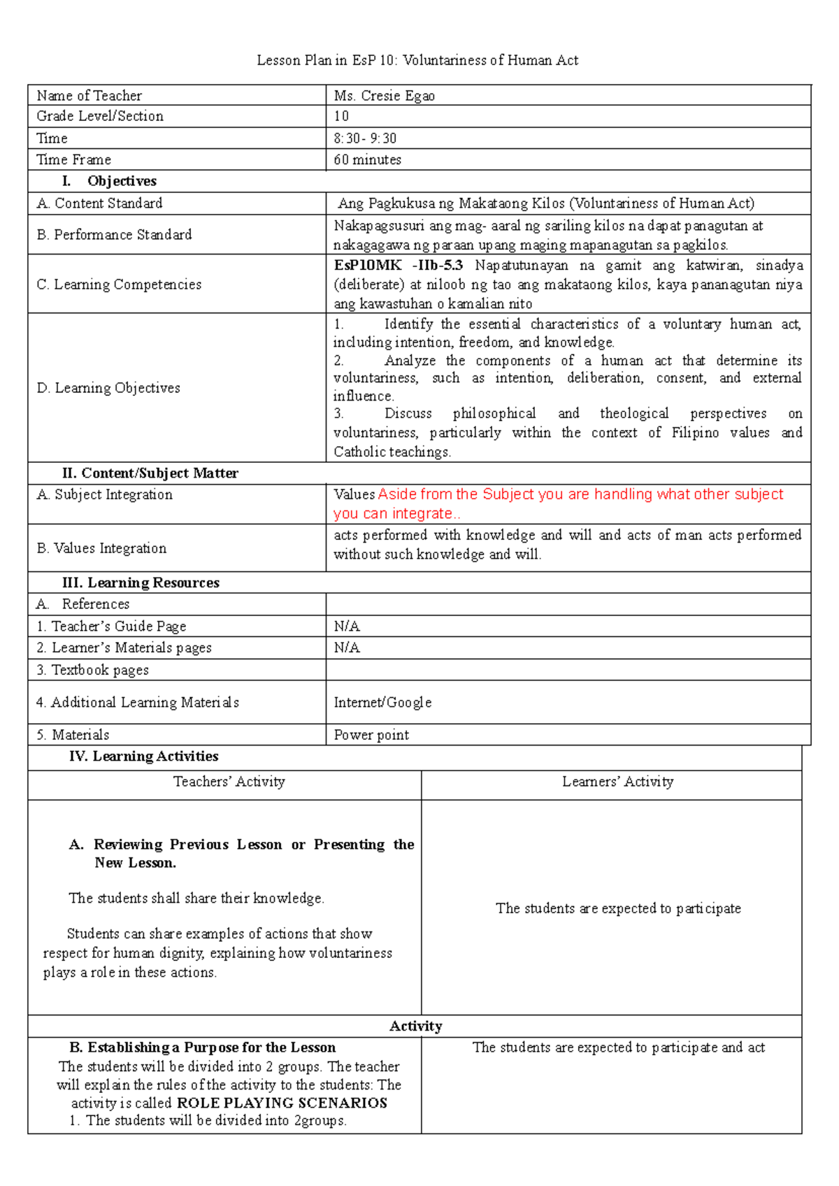 Diday - DepEd format lesson Plan. - Lesson Plan in EsP 10 ...