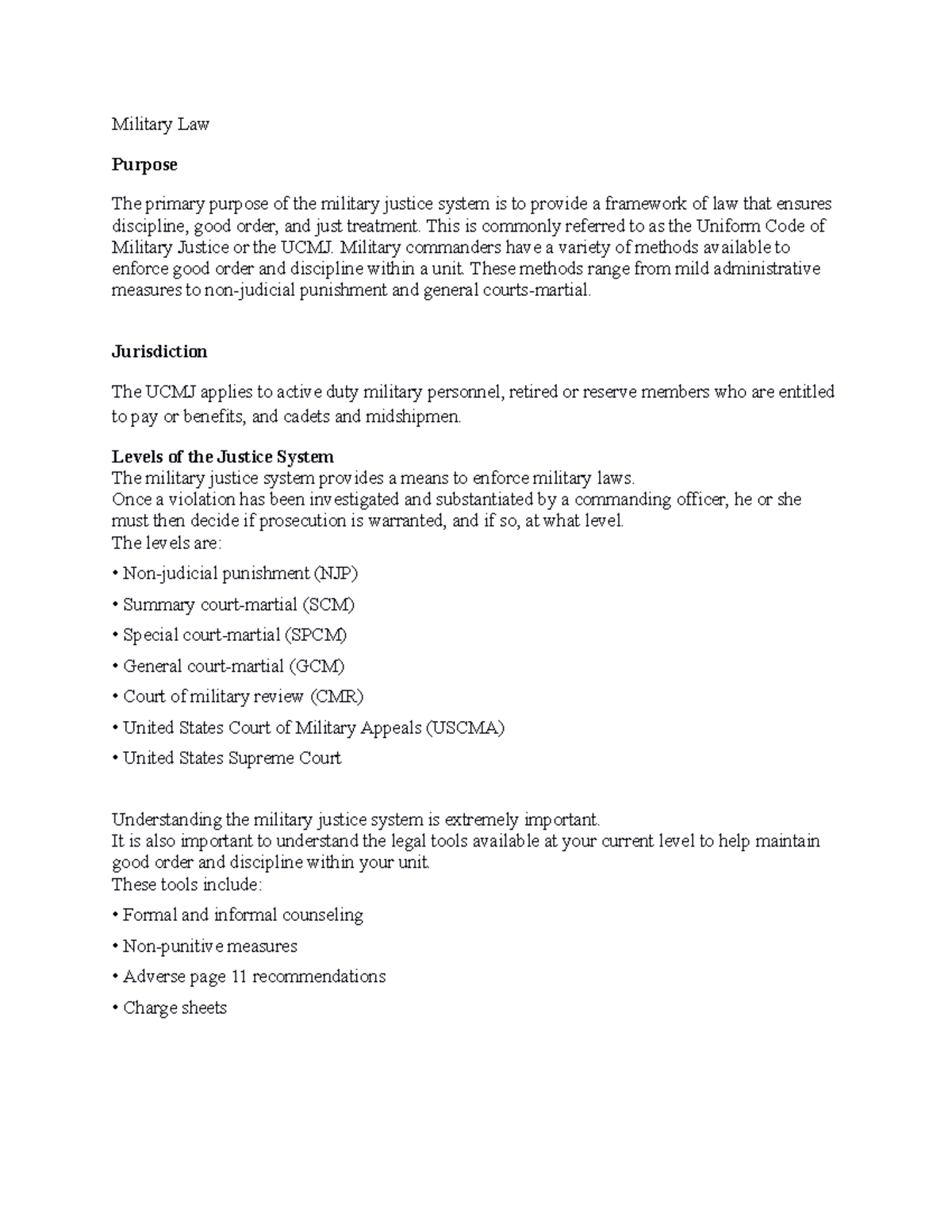 Administration Sgt Course - Military Law Purpose The primary purpose of ...