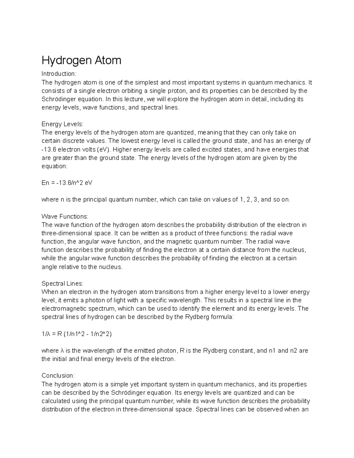 General Physics III (PHY-2040) Lecture 9 - Hydrogen Atom - Hydrogen Atom Introduction: The ...