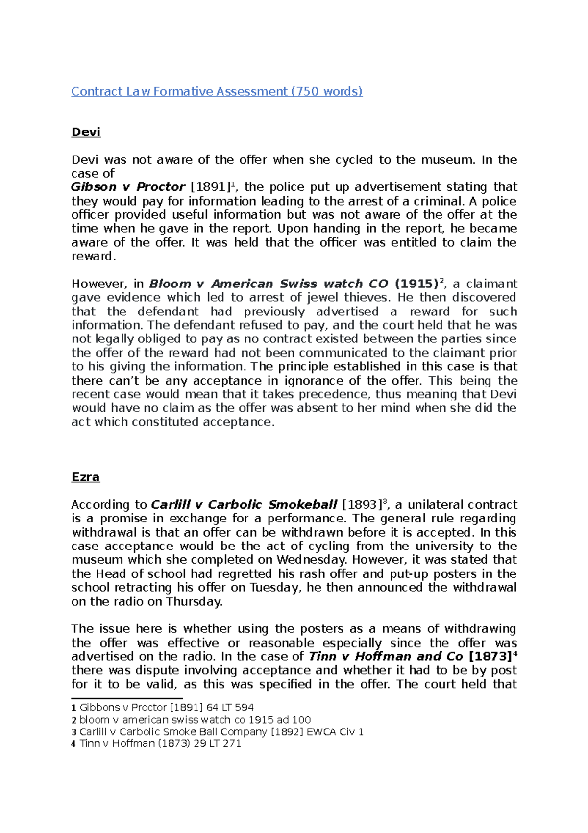 Contract Law Formative Assessment - In the case of Gibson v Proctor ...