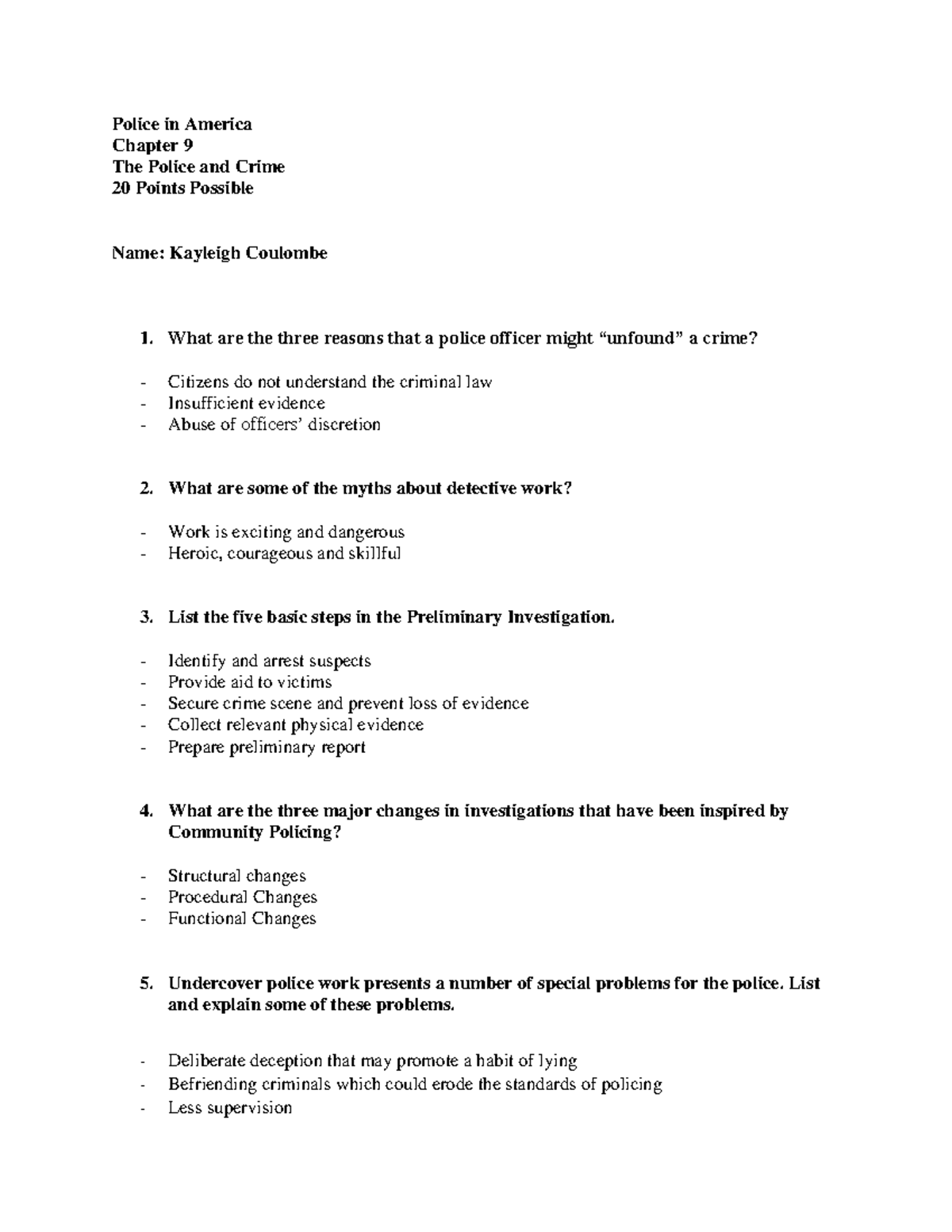 PIA Chapter 9 Worksheet - Police in America Chapter 9 The Police and ...