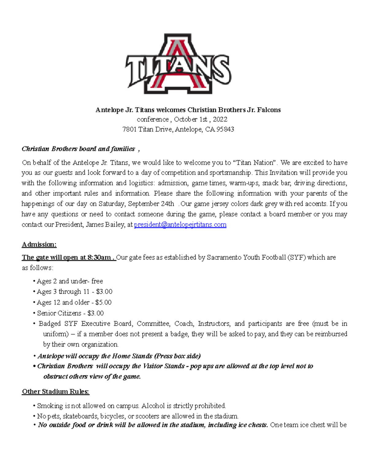Christian Brothers Welcome Letter - Antelope Jr. Titans welcomes ...