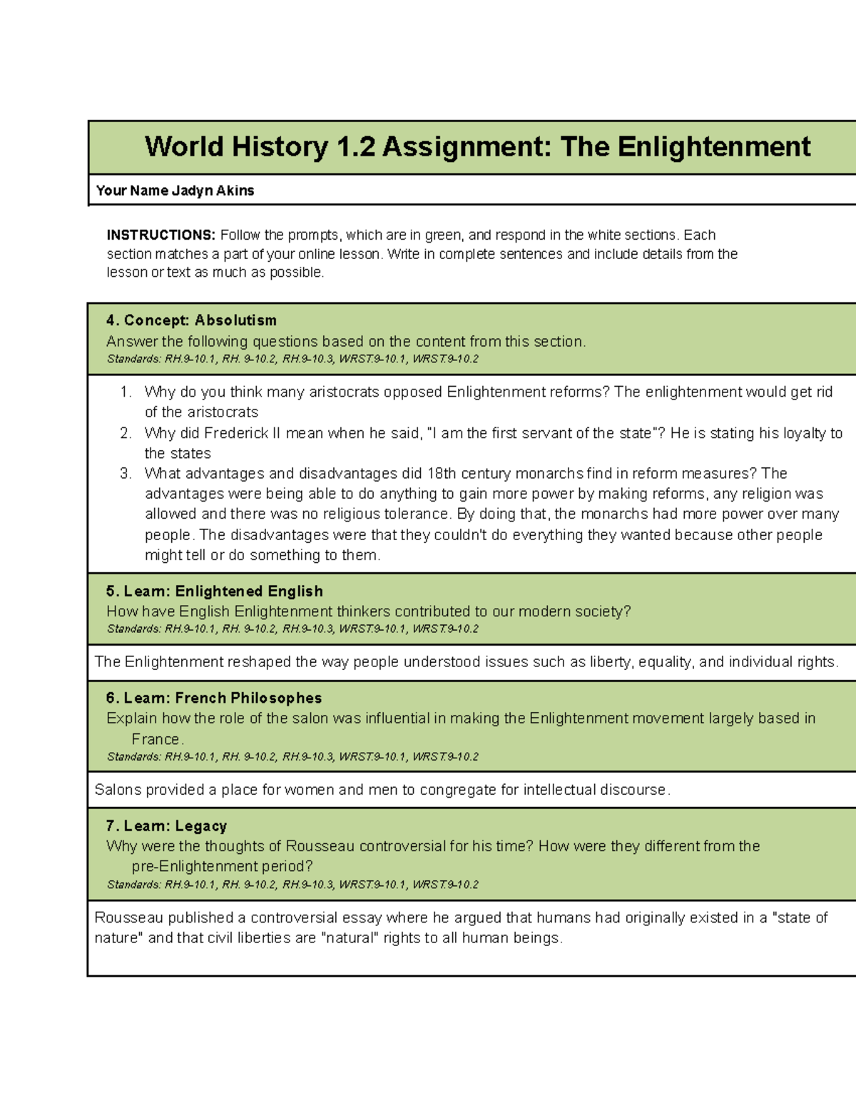 1.2 Enlightenment - Done - World History 1 Assignment: The ...