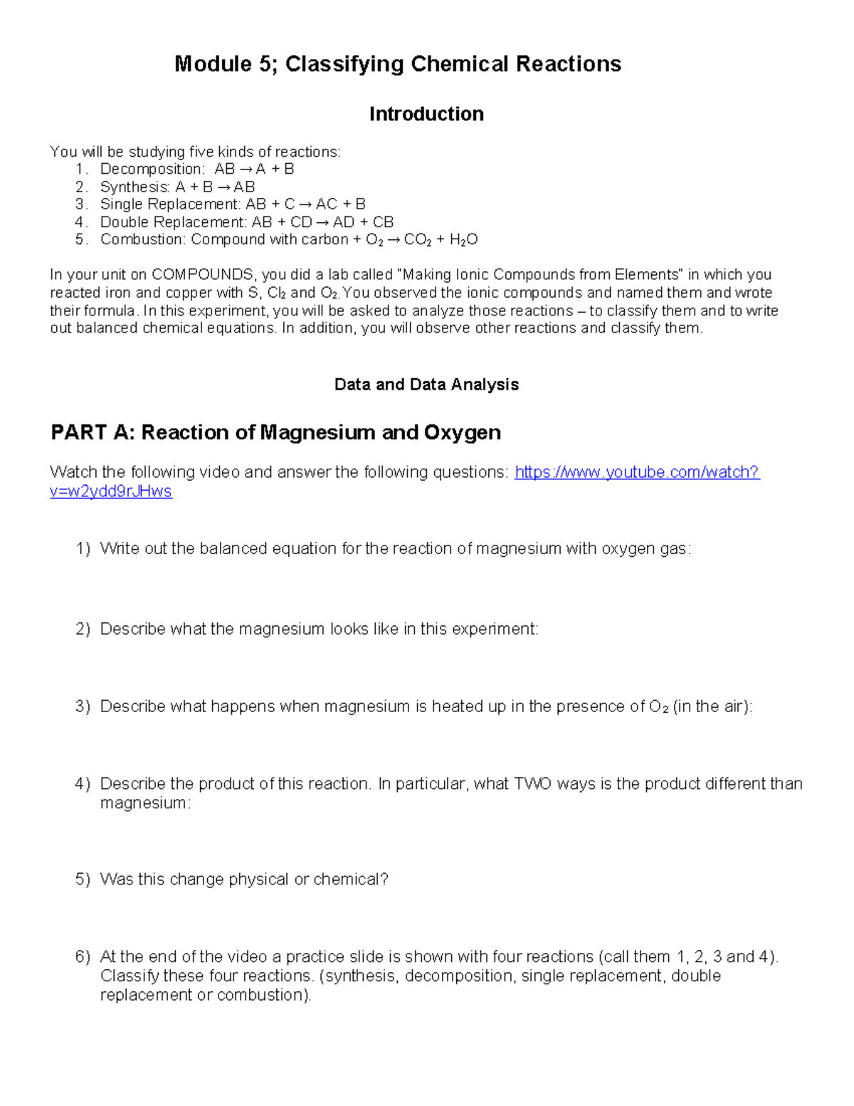 Module 5 Classifying Chemical Reactions - Module 5; Classifying ...