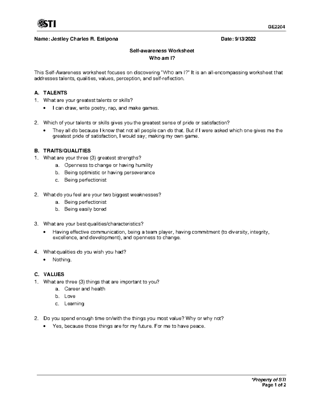 UTS - Self-awareness Worksheet - GE *Property of STI Page 1 of 2 Name ...