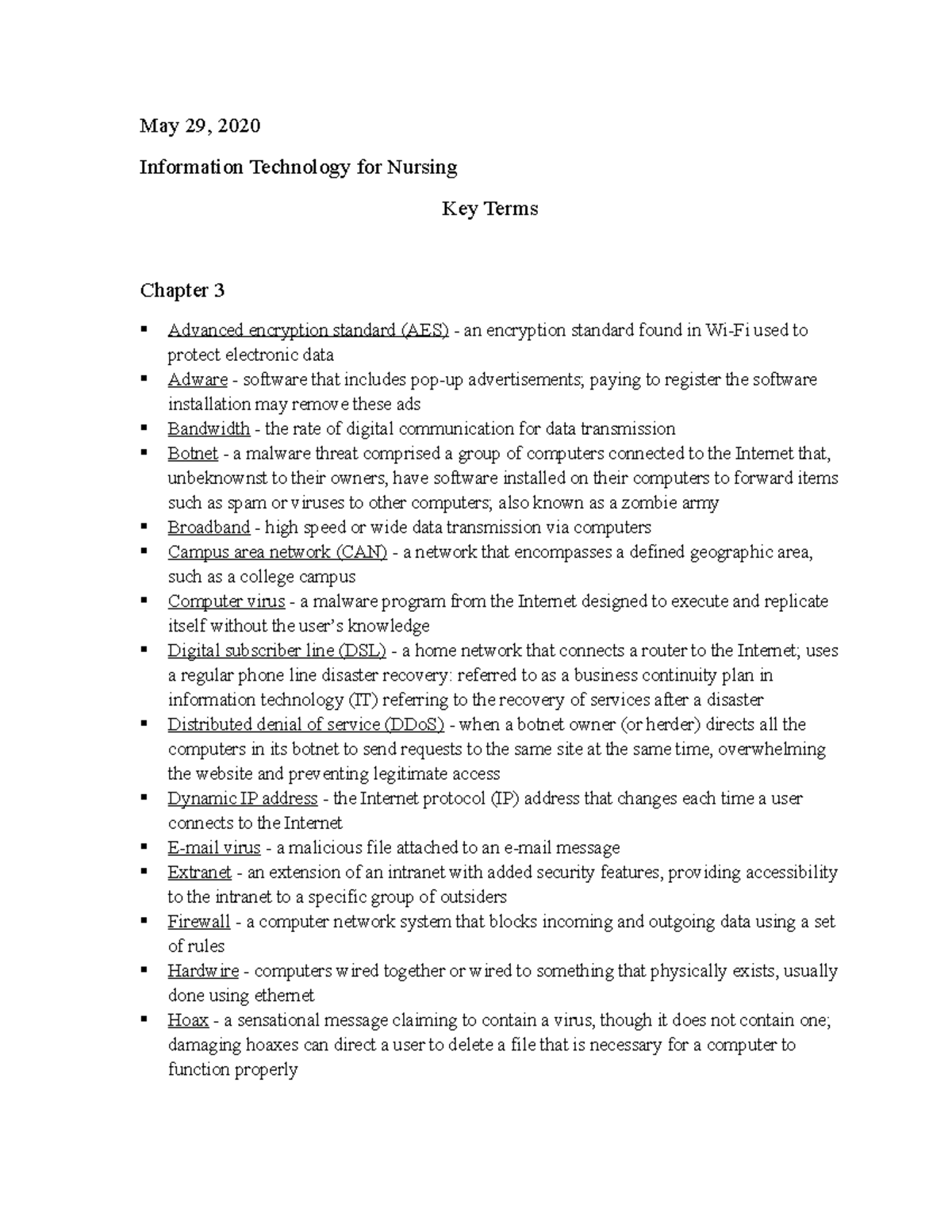 KEY Terms 3 - May 29, 2020 Information Technology for Nursing Key Terms ...