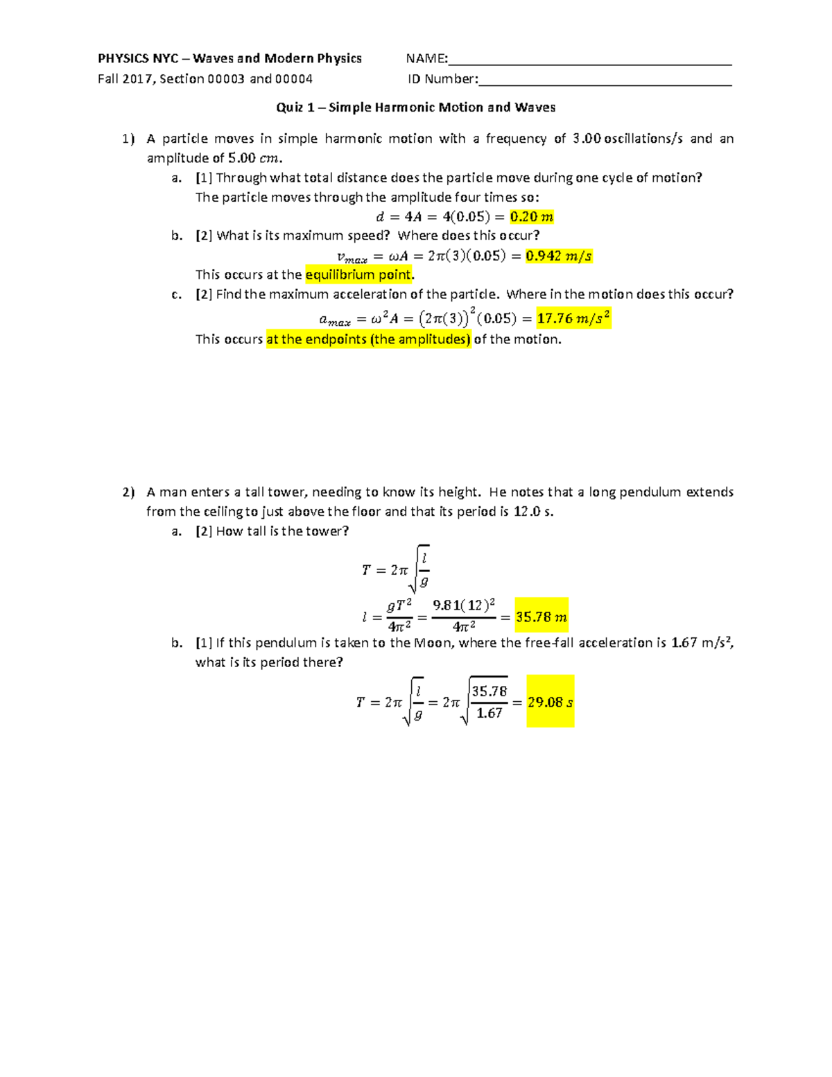 Quiz 1 - Simple Harmonic Motion Solutions - PHYSICS NYC – Waves and ...