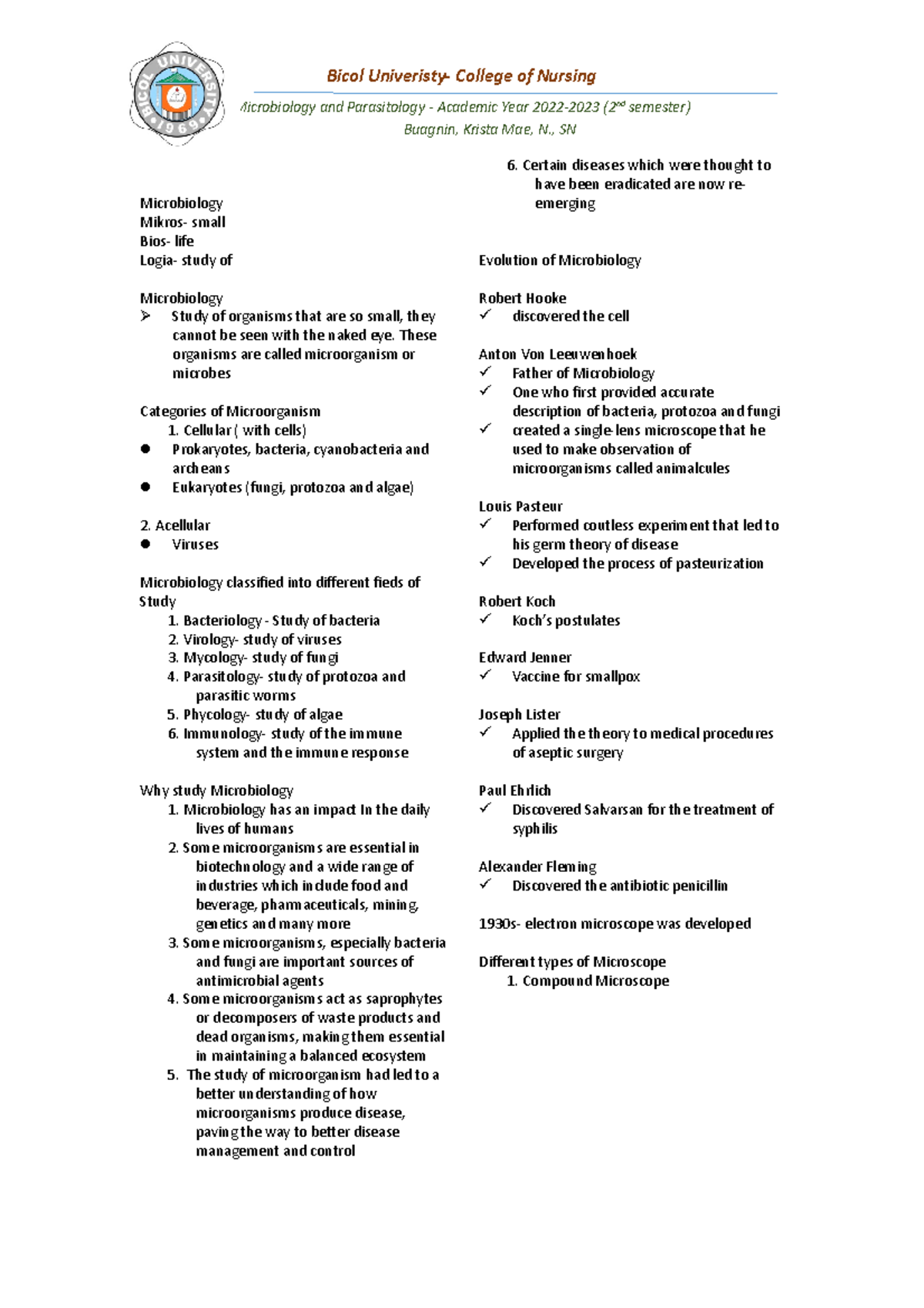 Microbiology and Parasitology Lecture Notes 2nd Semester - Microbiology ...