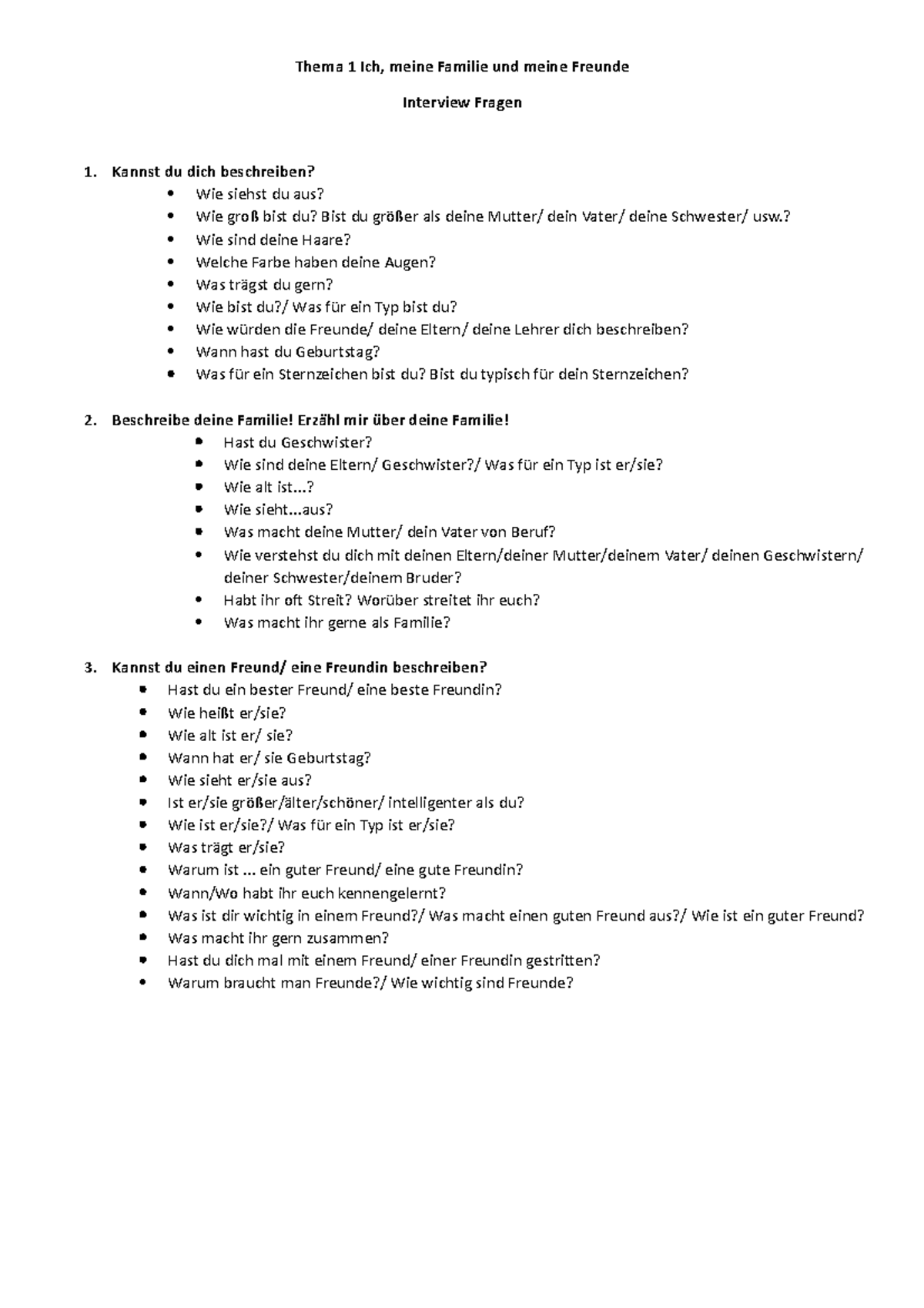 Interview Fragen - Freunde und Familie - Thema 1 Ich, meine Familie und ...
