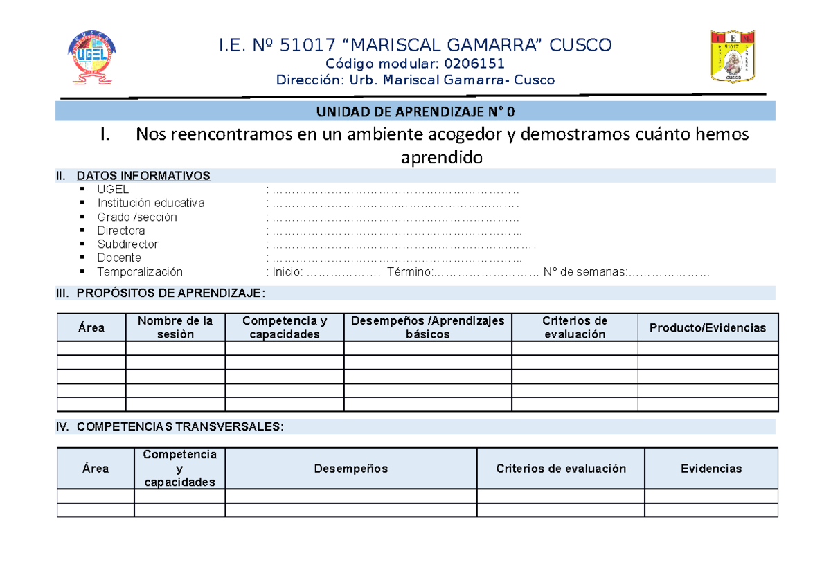 Unidad DE Aprendizaje 00 - Código modular: 0206151 Dirección: Urb ...