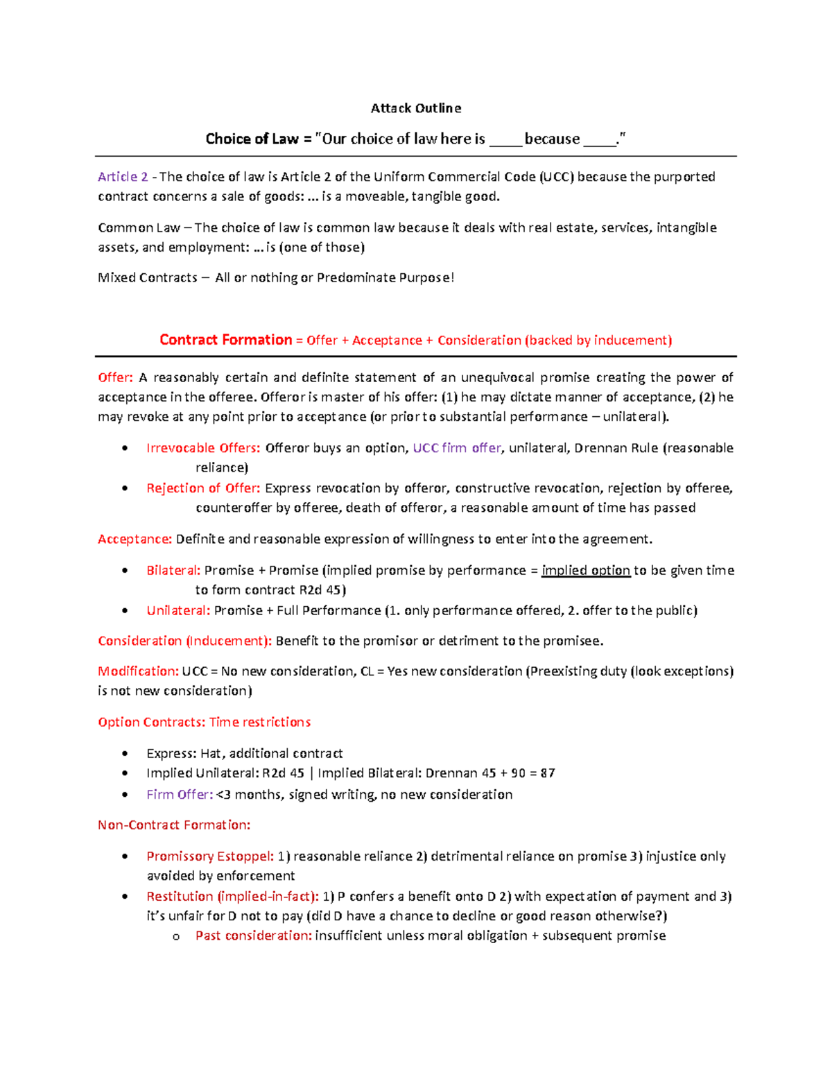 Contracts Attack Outline - Attack Outline Choice of Law = "Our choice of law here is ____ - Studocu