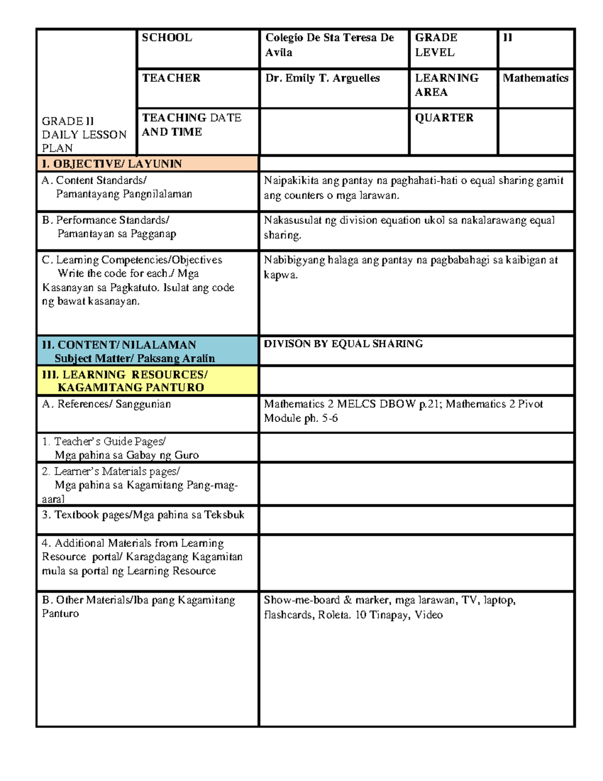 Math-lp - mahth lp - GRADE II DAILY LESSON PLAN SCHOOL Colegio De Sta ...