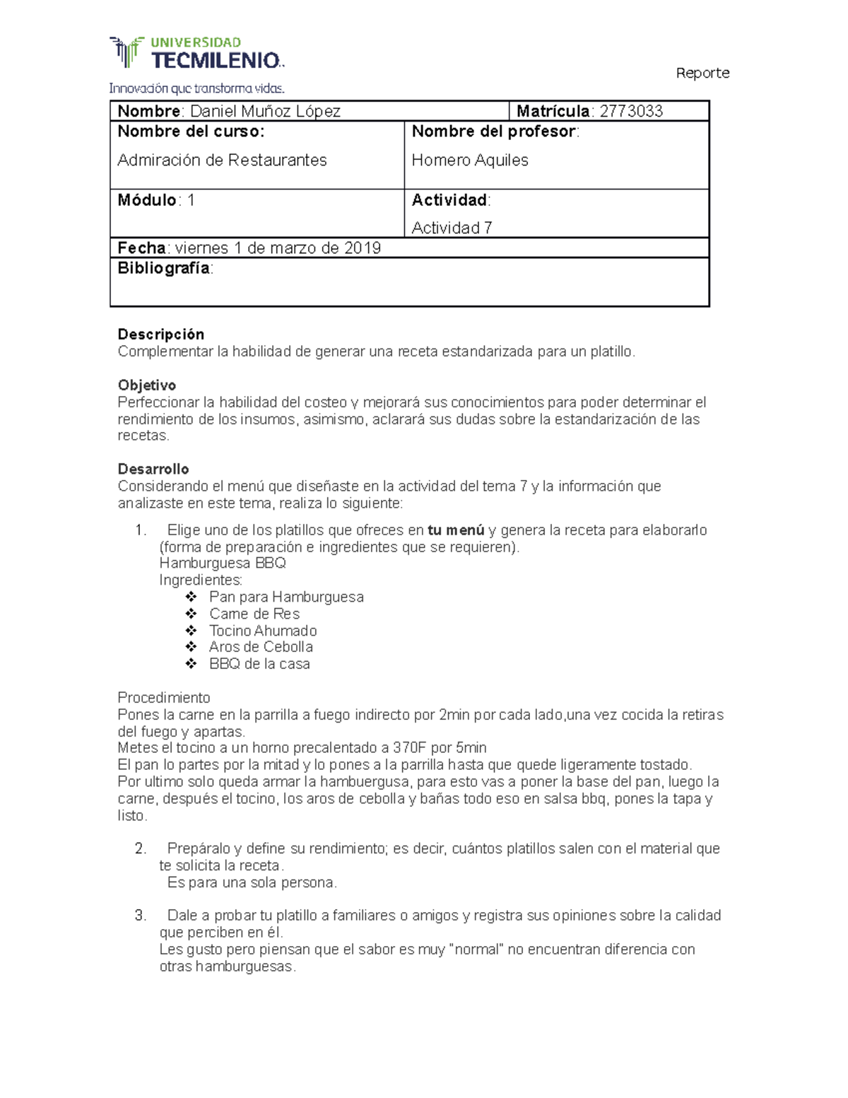 Actividad 7 Admistracion de Restaurantes - Reporte Nombre : Daniel ...