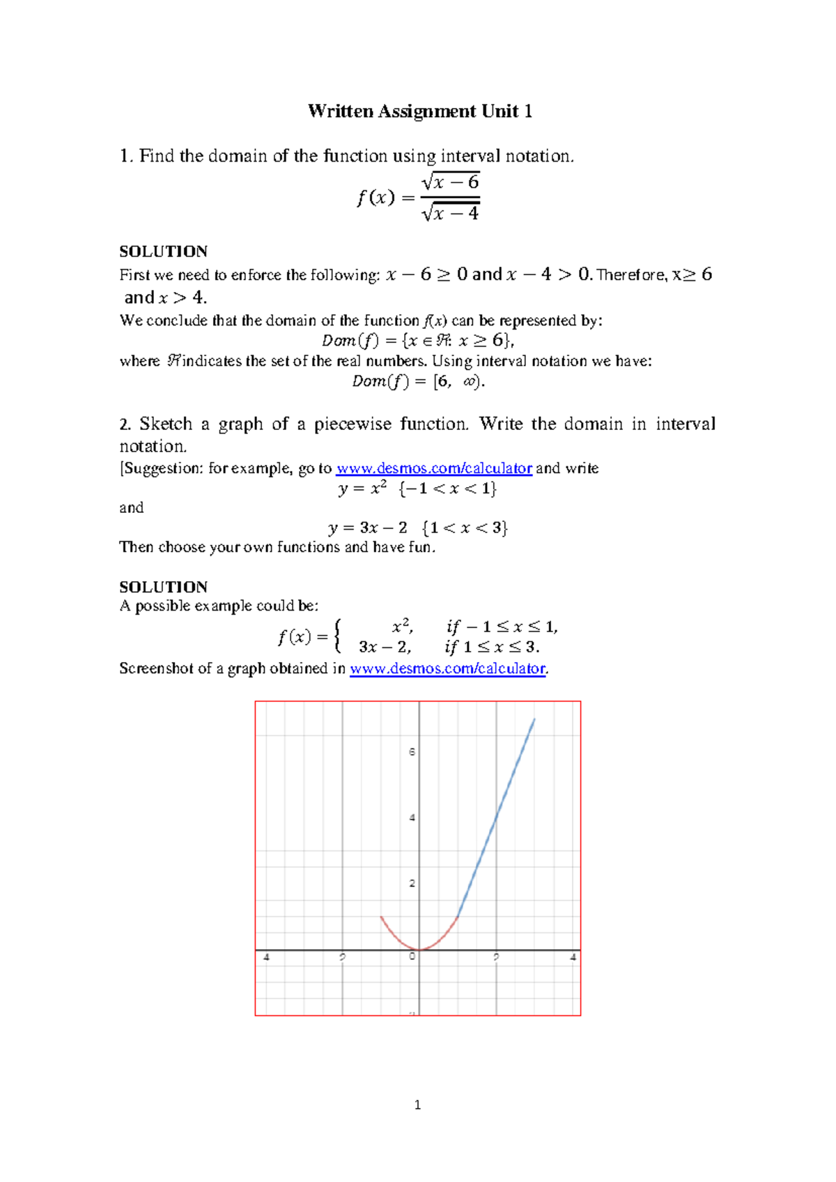 Math 1201 Written Assignment Unit 1 Written Assignment Unit 1 1 Find The Domain Of The