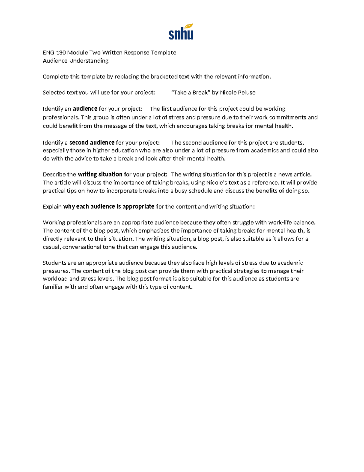 ENG 130 Module Two Written Response - Selected text you will use for ...