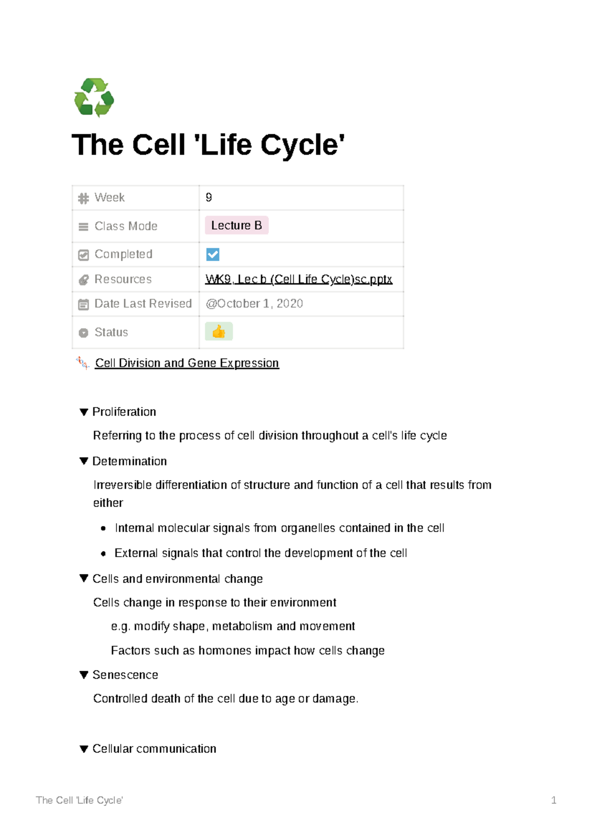 The Cell Life Cycle - Lecture notes - ♻ The Cell 'Life Cycle' Week 9 ...