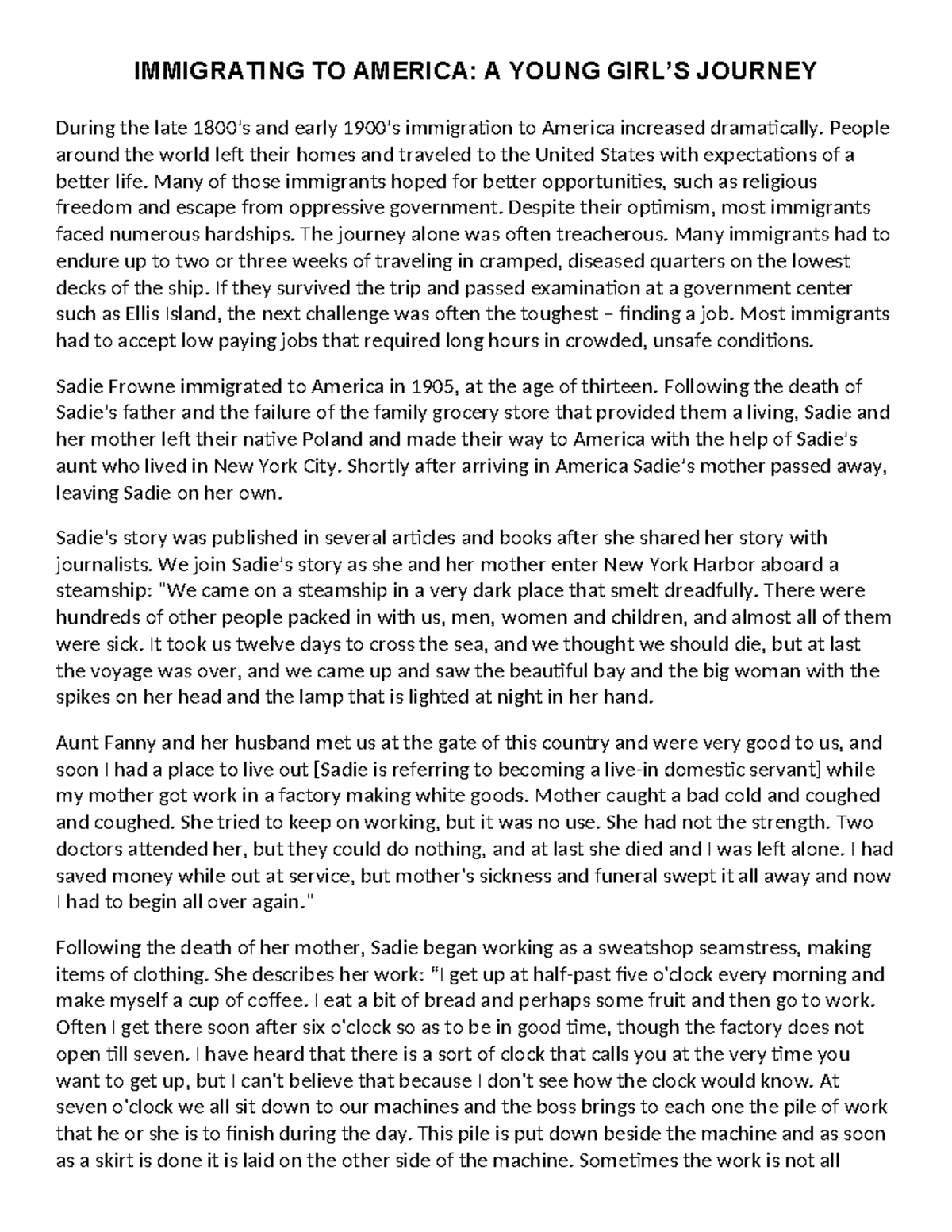 Copy of Virtual Immigrating to America a young girls journey - During ...