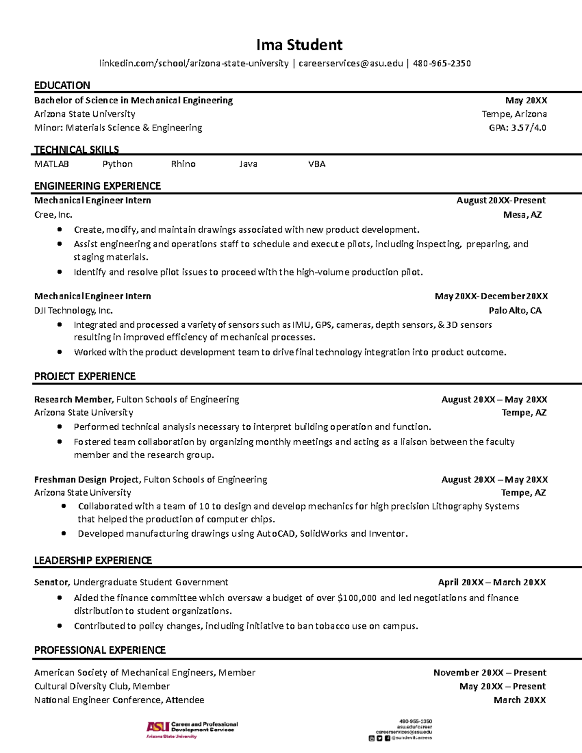 Enginneering sample resume 2 - Ima Student linkedin/school/arizona ...