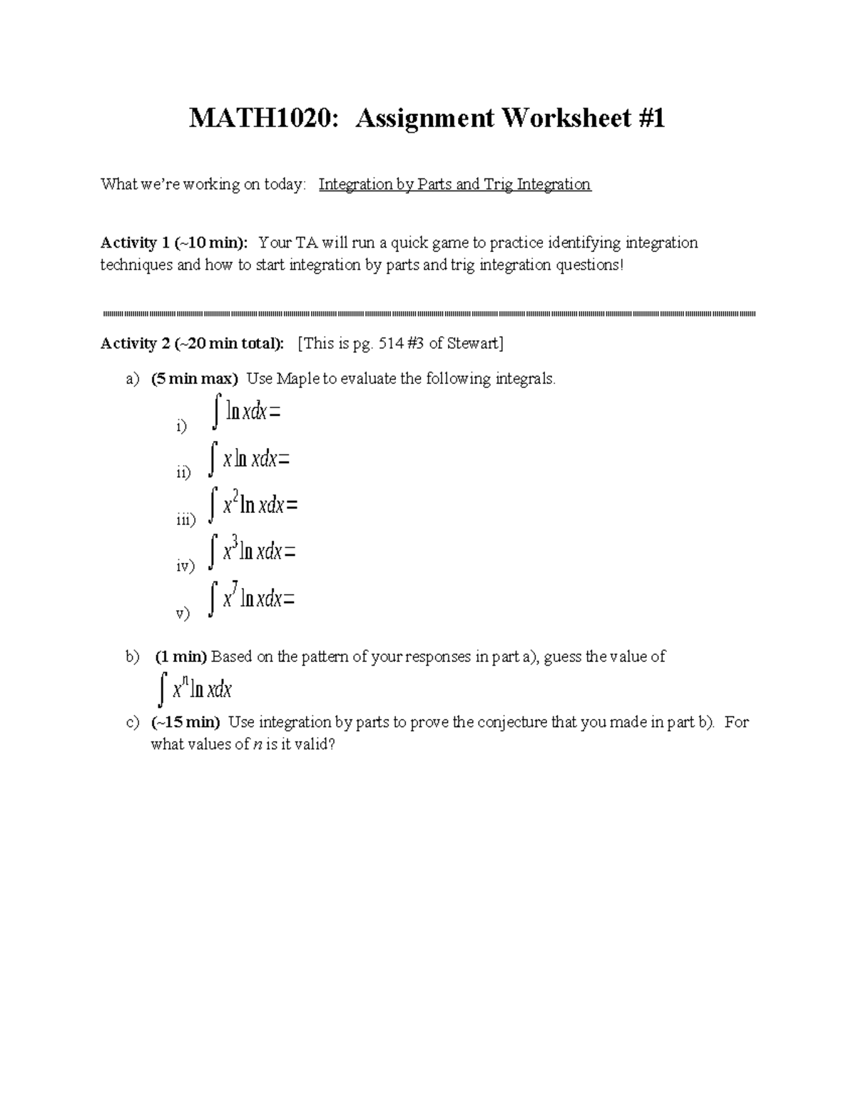Jan 15-19 Tutorial Worksheet #1 - MATH1020: Assignment Worksheet What ...