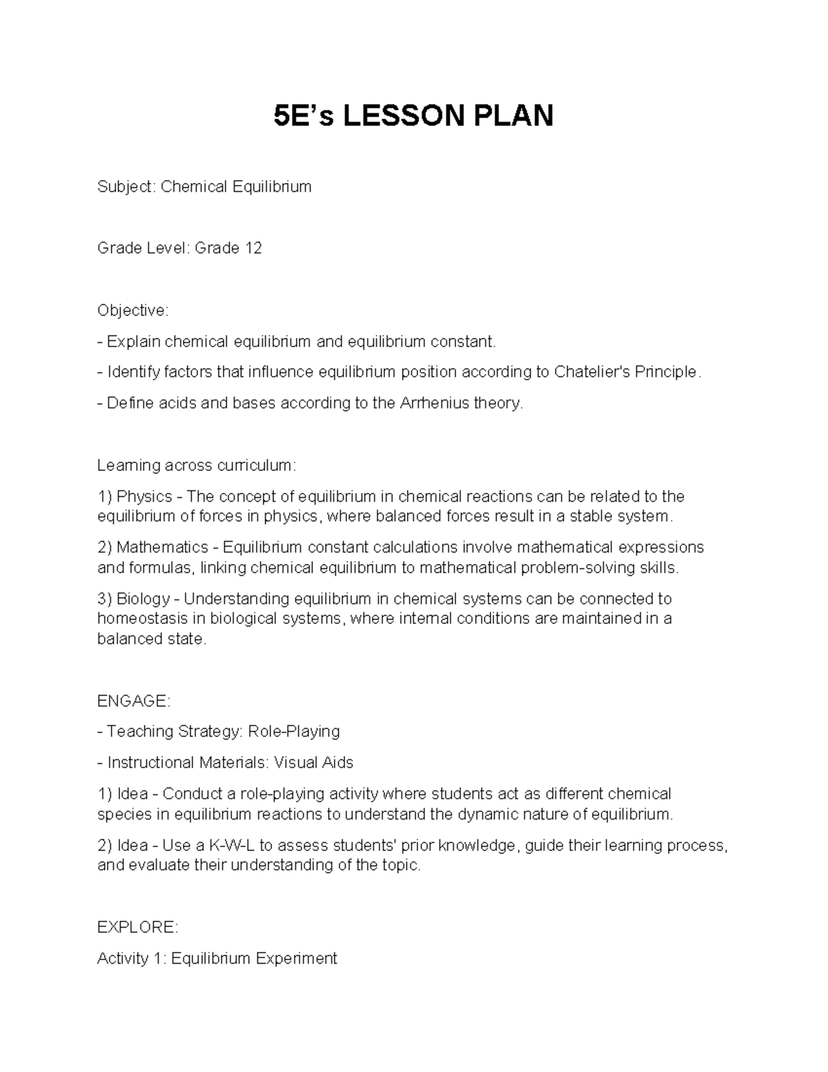 5E's Lesson Plan - 5E’s LESSON PLAN Subject: Chemical Equilibrium Grade ...