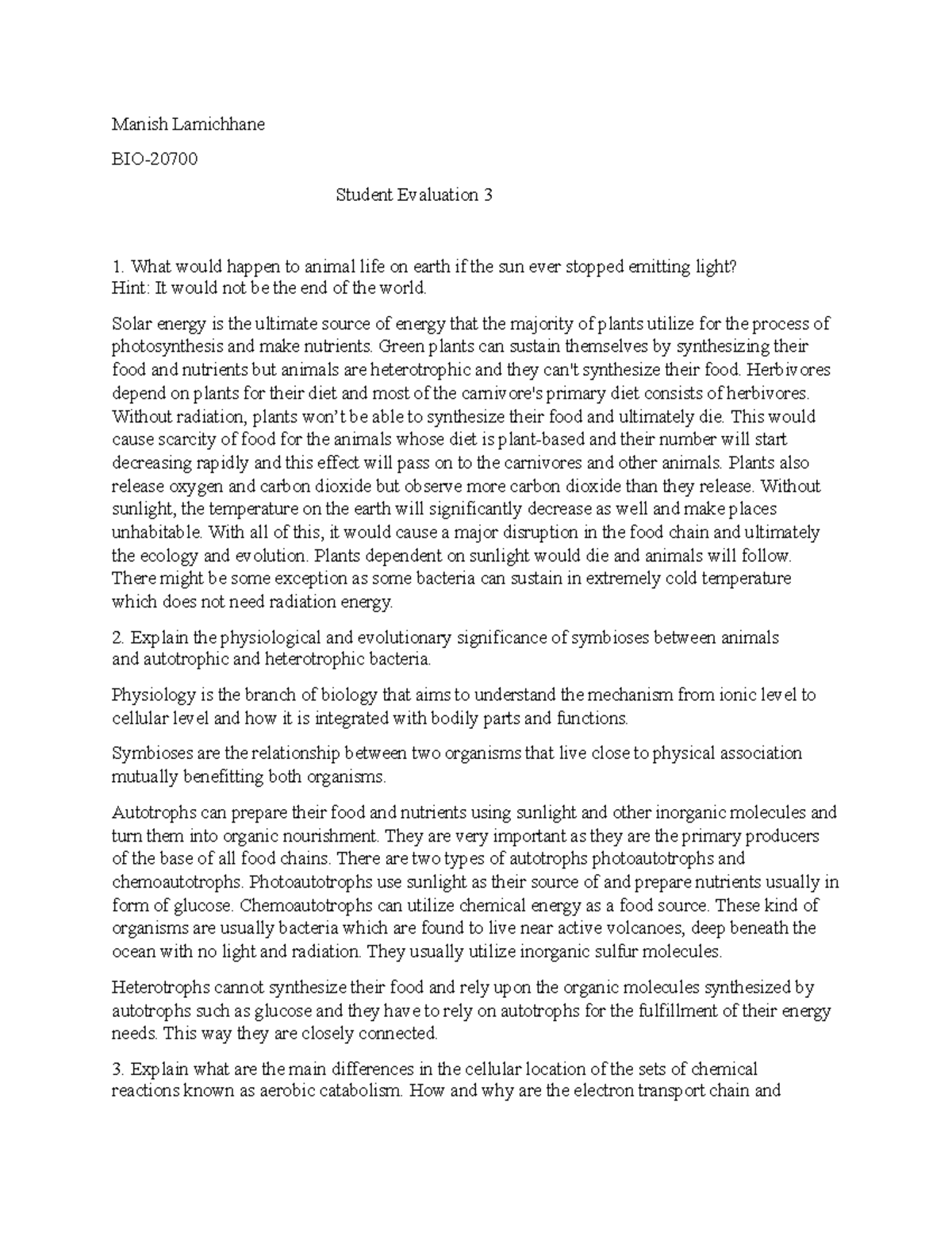Student evaluation three - Manish Lamichhane BIO- Student Evaluation 3 ...