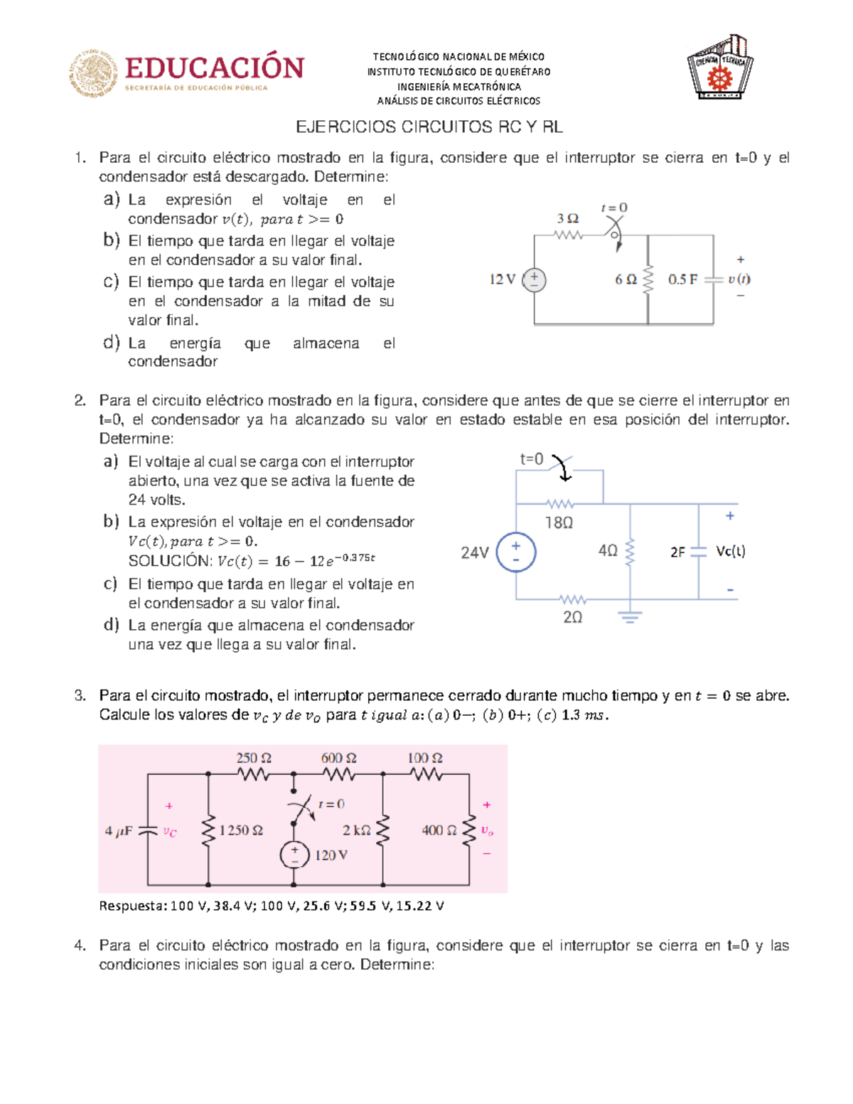 Ejercicios Circuitos RC Y RL - TECNOLÓGICO NACIONAL DE MÉXICO INSTITUTO ...