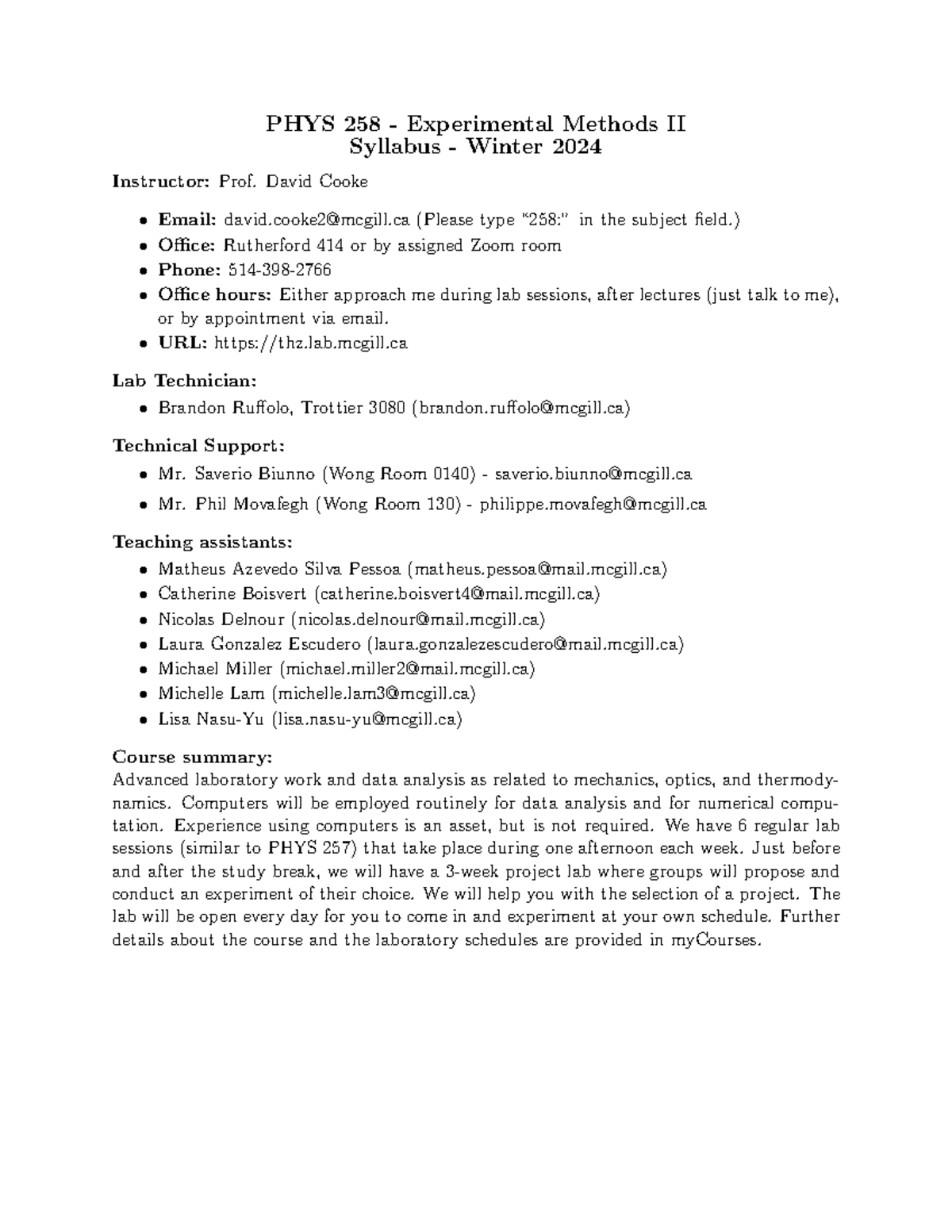 Syllabus - PHYS 258 - Experimental Methods II Syllabus - Winter 2024 Instructor: Prof. David ...