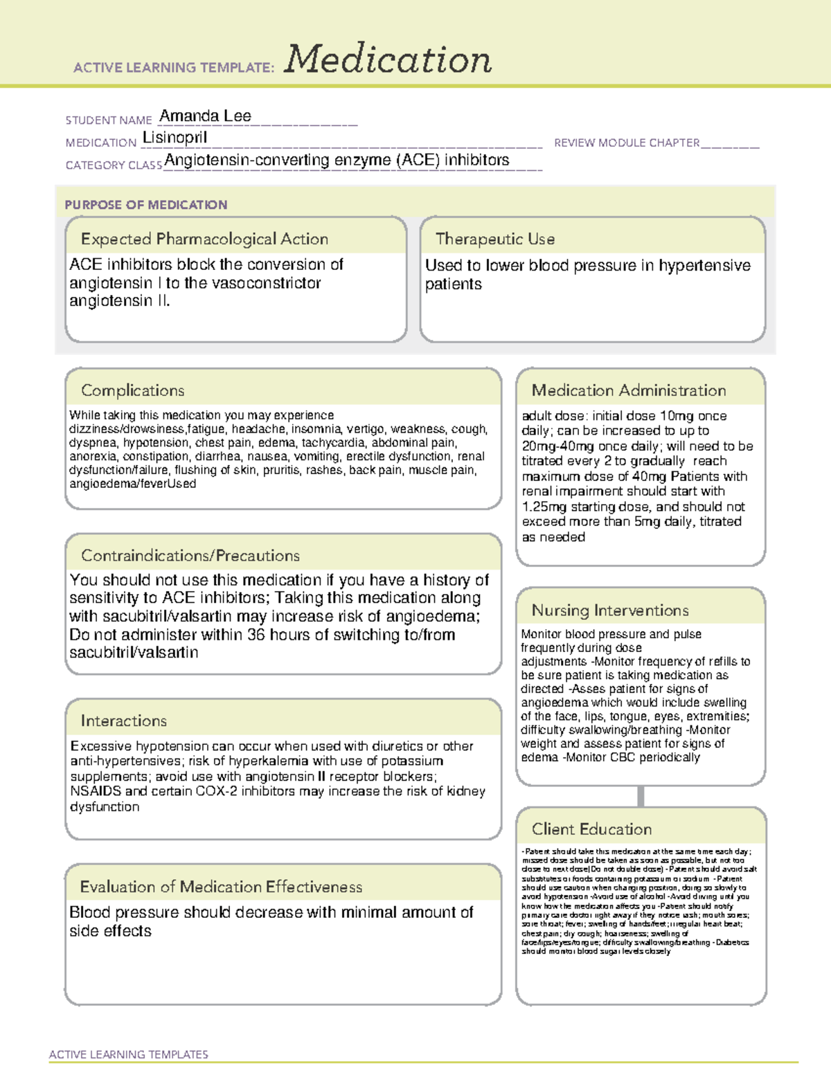 Med sheet 1 - ACTIVE LEARNING TEMPLATES Medication STUDENT NAME - Studocu