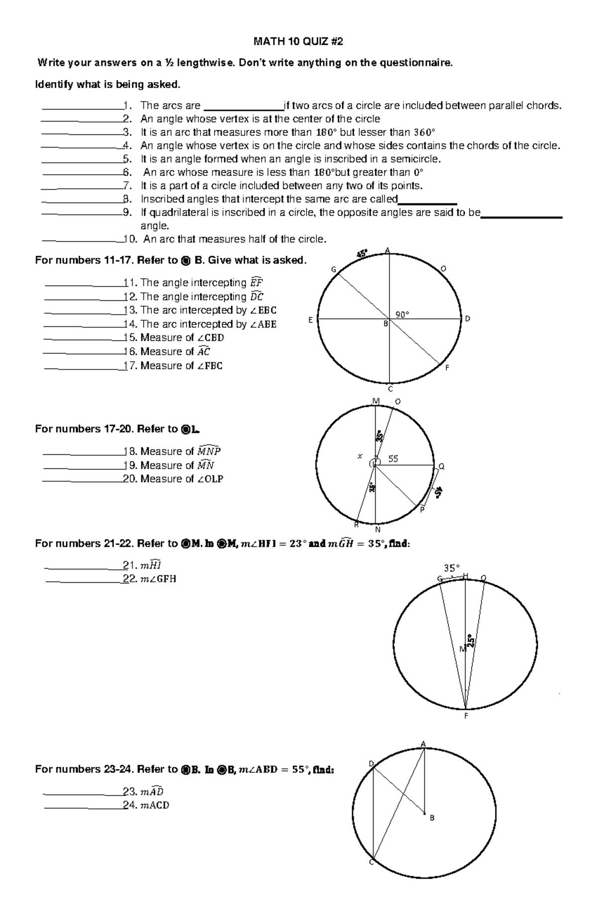Compile - Geometry- Circles - MATH 10 QUIZ Write your answers on a ½ ...