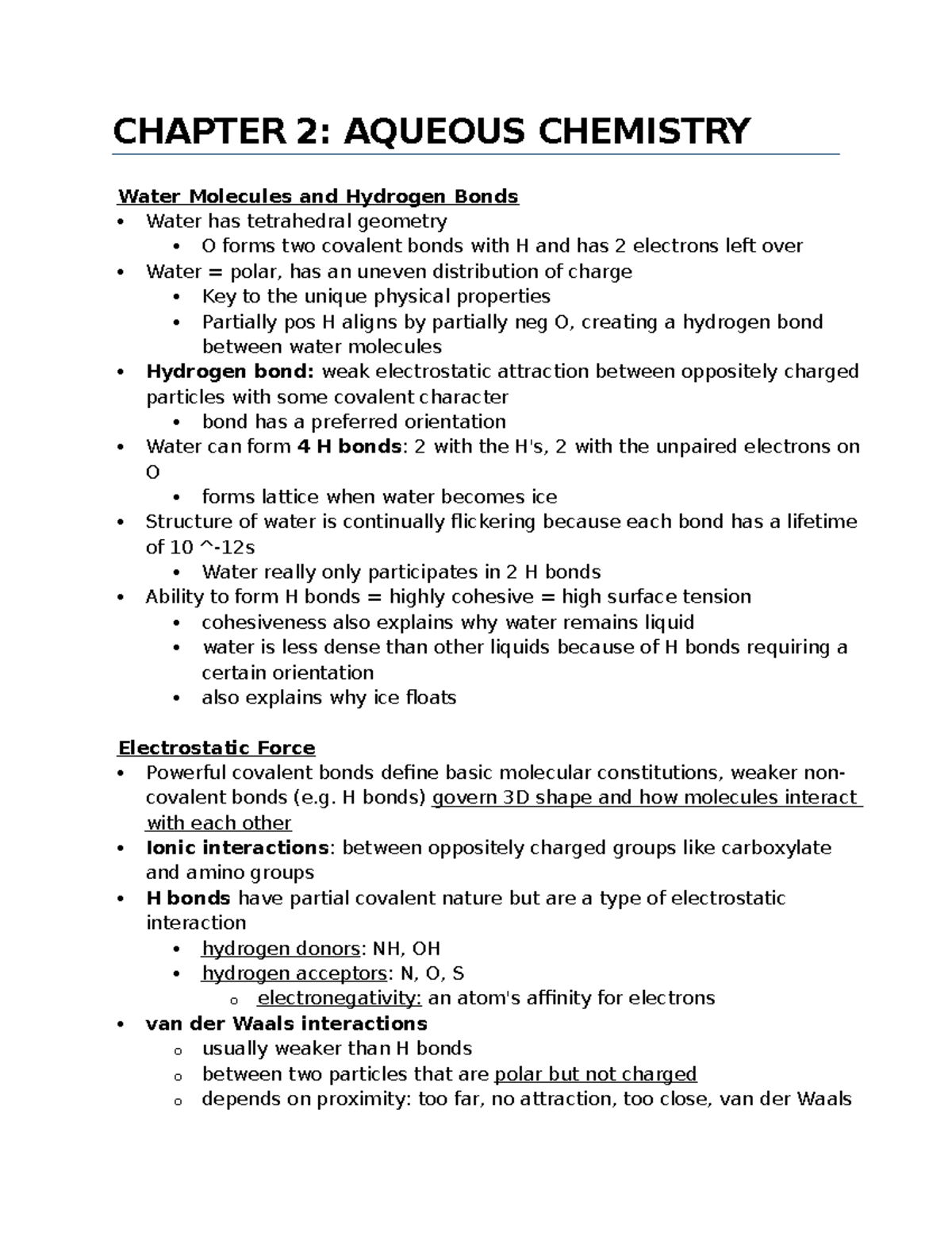 Chapter 2: Aqueous Chemistry - CHAPTER 2: AQUEOUS CHEMISTRY Water ...
