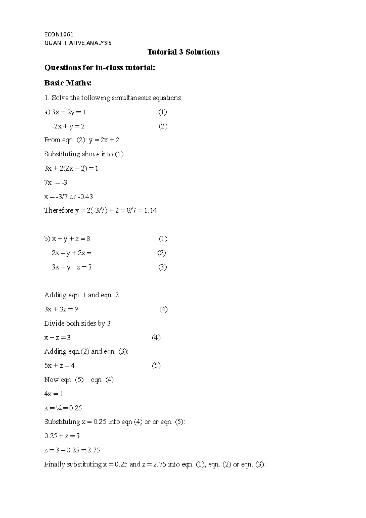 Tutorial 3 Solutions Quantitative Analysis Tutorial 3 Solutions Questions For In Class