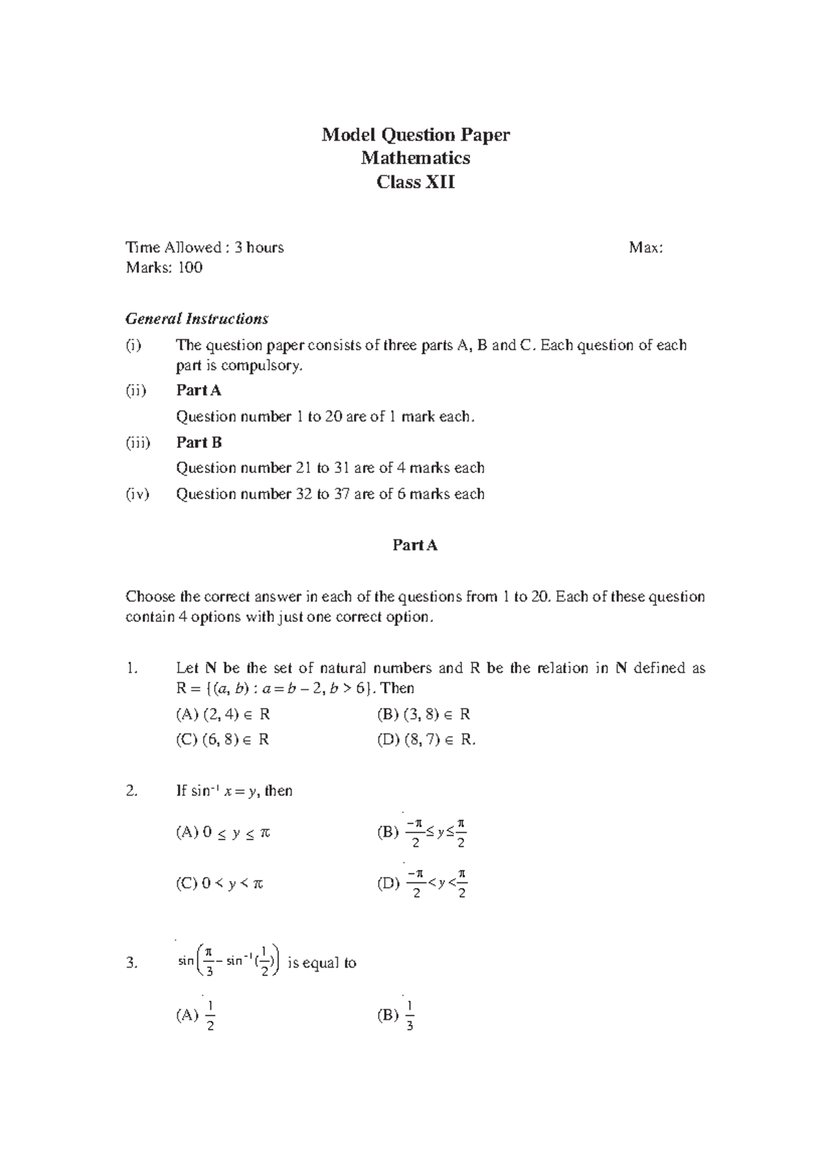 Math - Notes - Model Question Paper Mathematics Class XII Time Allowed ...