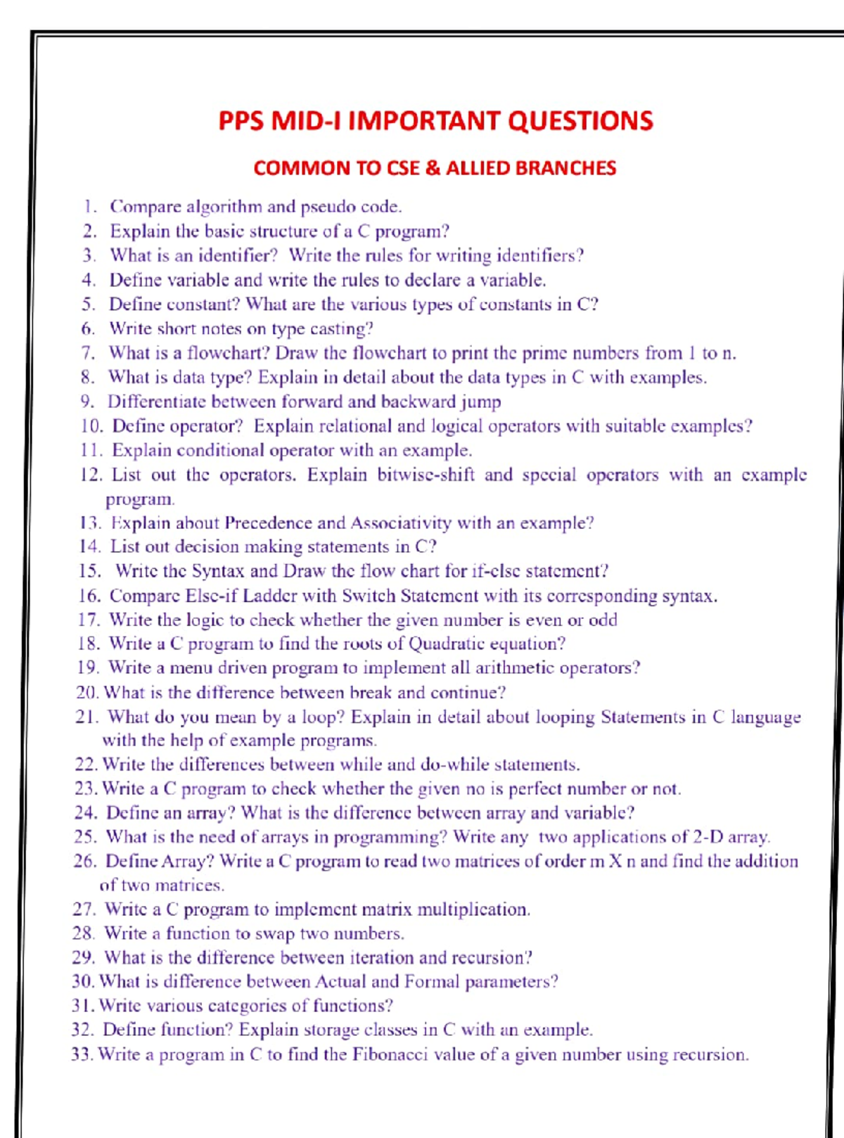 PPS IMP QUS AND ANS MID-1 - PPS IMPORTANT QUESTIONS COMMON TO CSE ...
