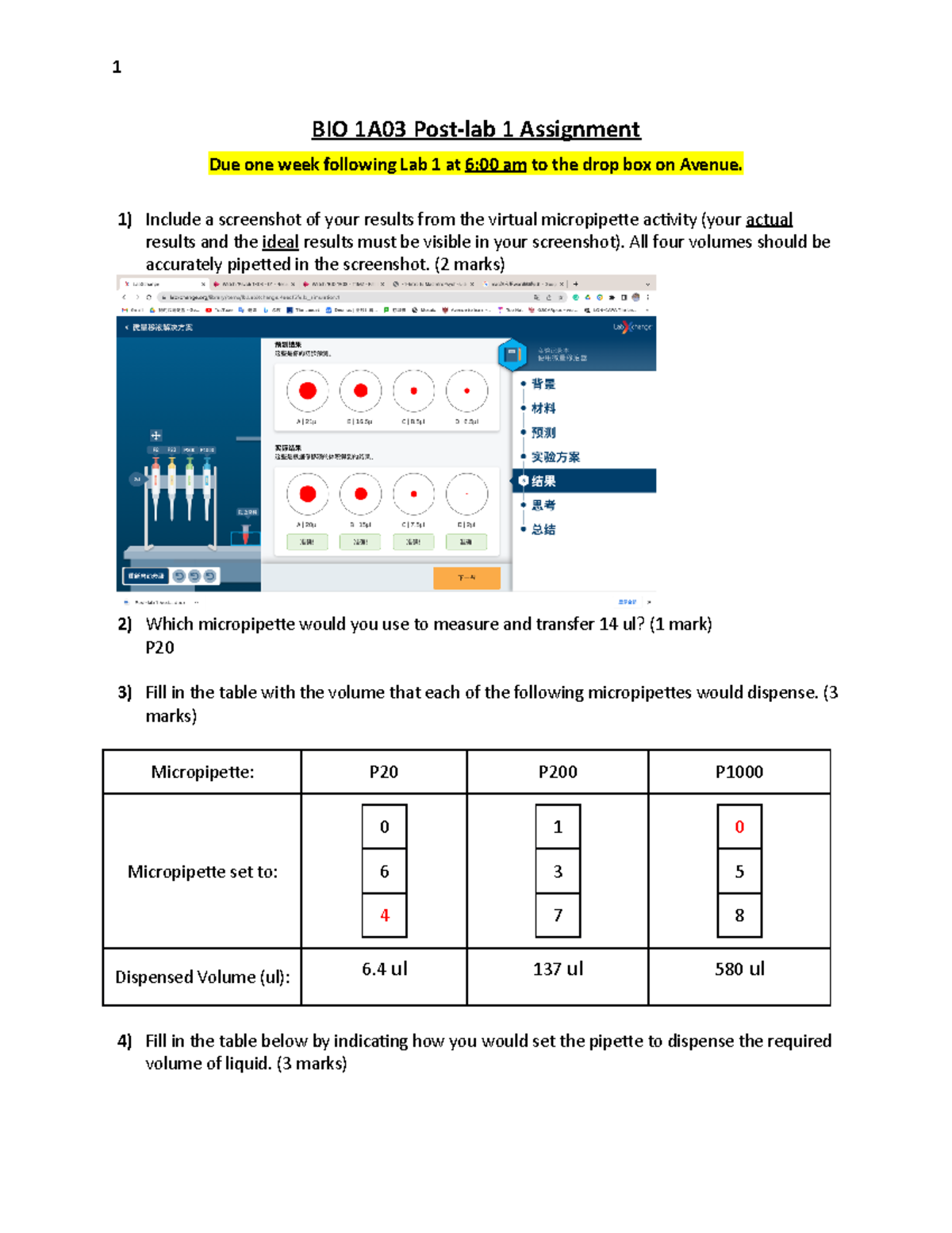 Post-lab 1 Assignment F2022 - BIO 1A03 Post-lab 1 Assignment Due one week following Lab 1 at 6: ...