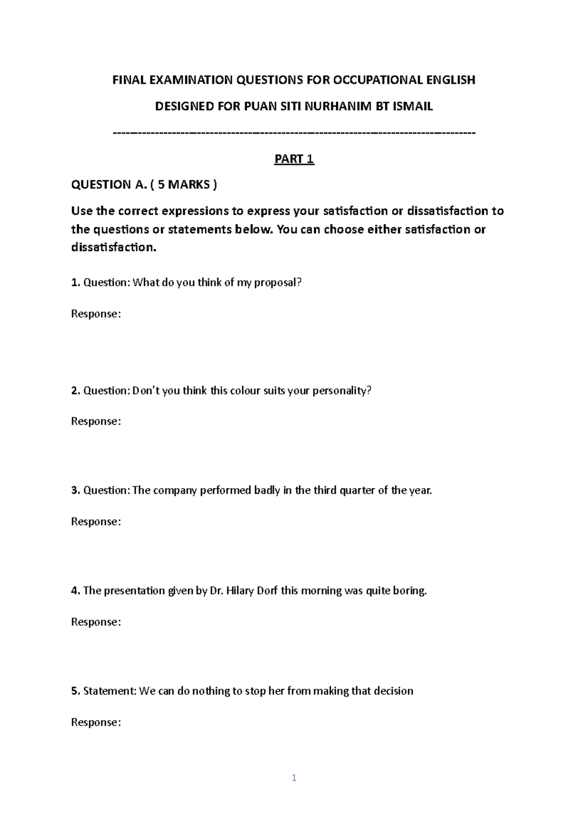 English for Occupational purposes Examination paper - FINAL EXAMINATION ...