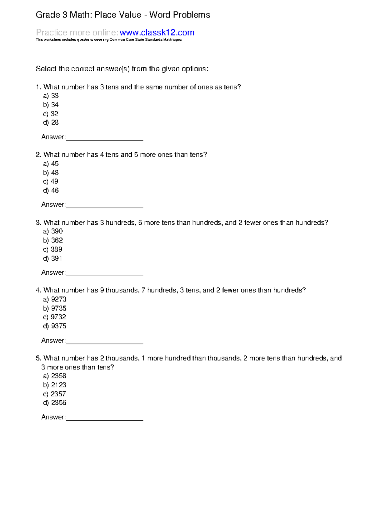 392271464 Grade 3 Math Math Place Value Word Problems Classk 12 - Grade ...