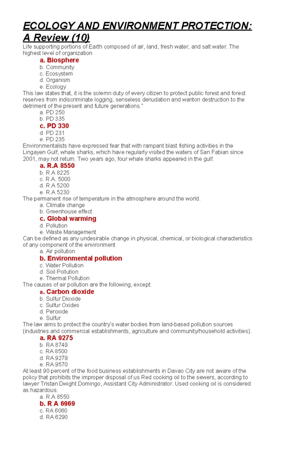 Reviewer Module 2 iba pa to - ECOLOGY AND ENVIRONMENT PROTECTION: A Review (10) Life supporting ...