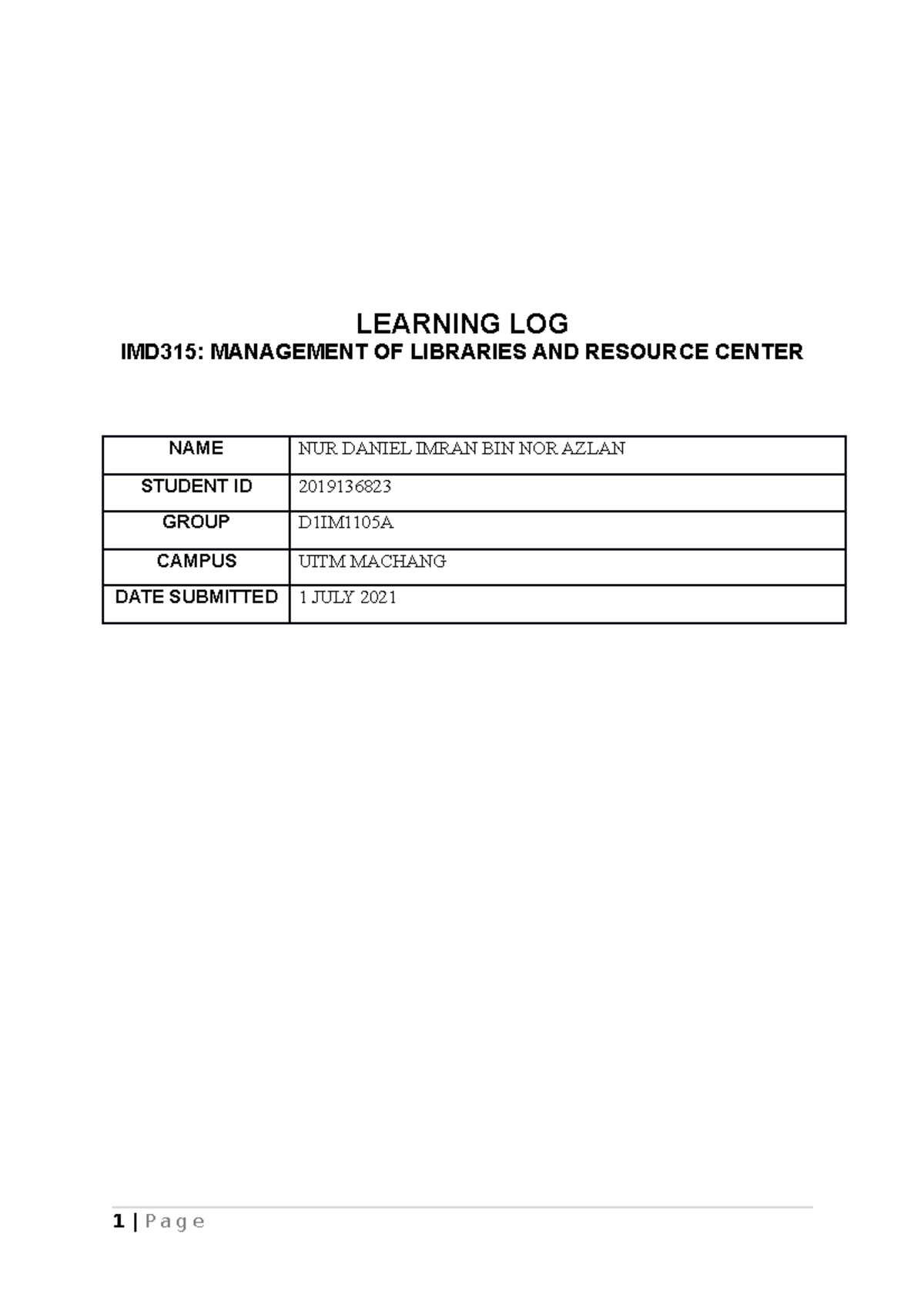 IMD315 Individual - Learning LOG template - LEARNING LOG IMD315 ...