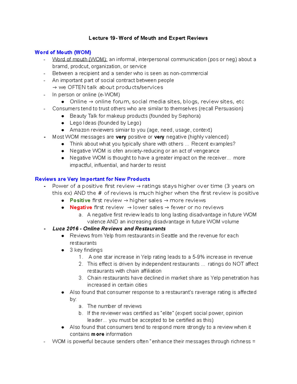 19- Word of Mouth and Experts - .. Recent examples? Negative WOM is ...