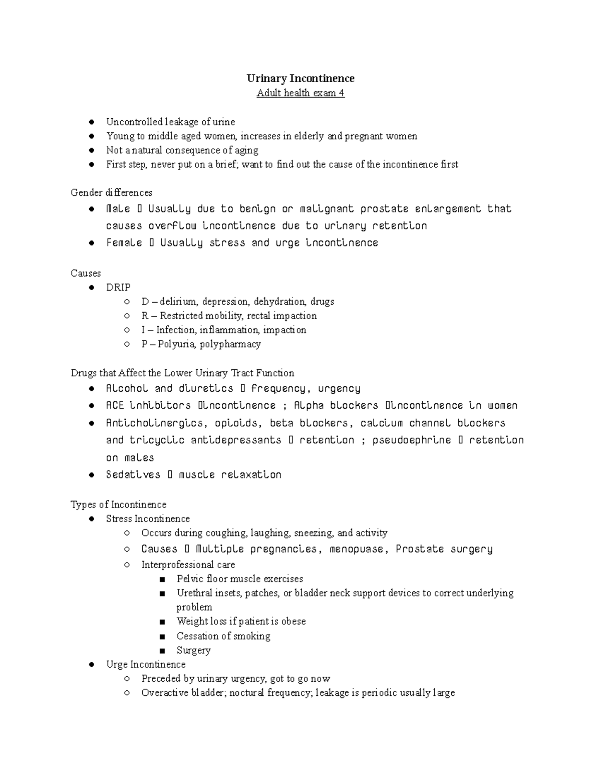 Urinary Incontinence - study guide - Urinary Incontinence Adult health ...