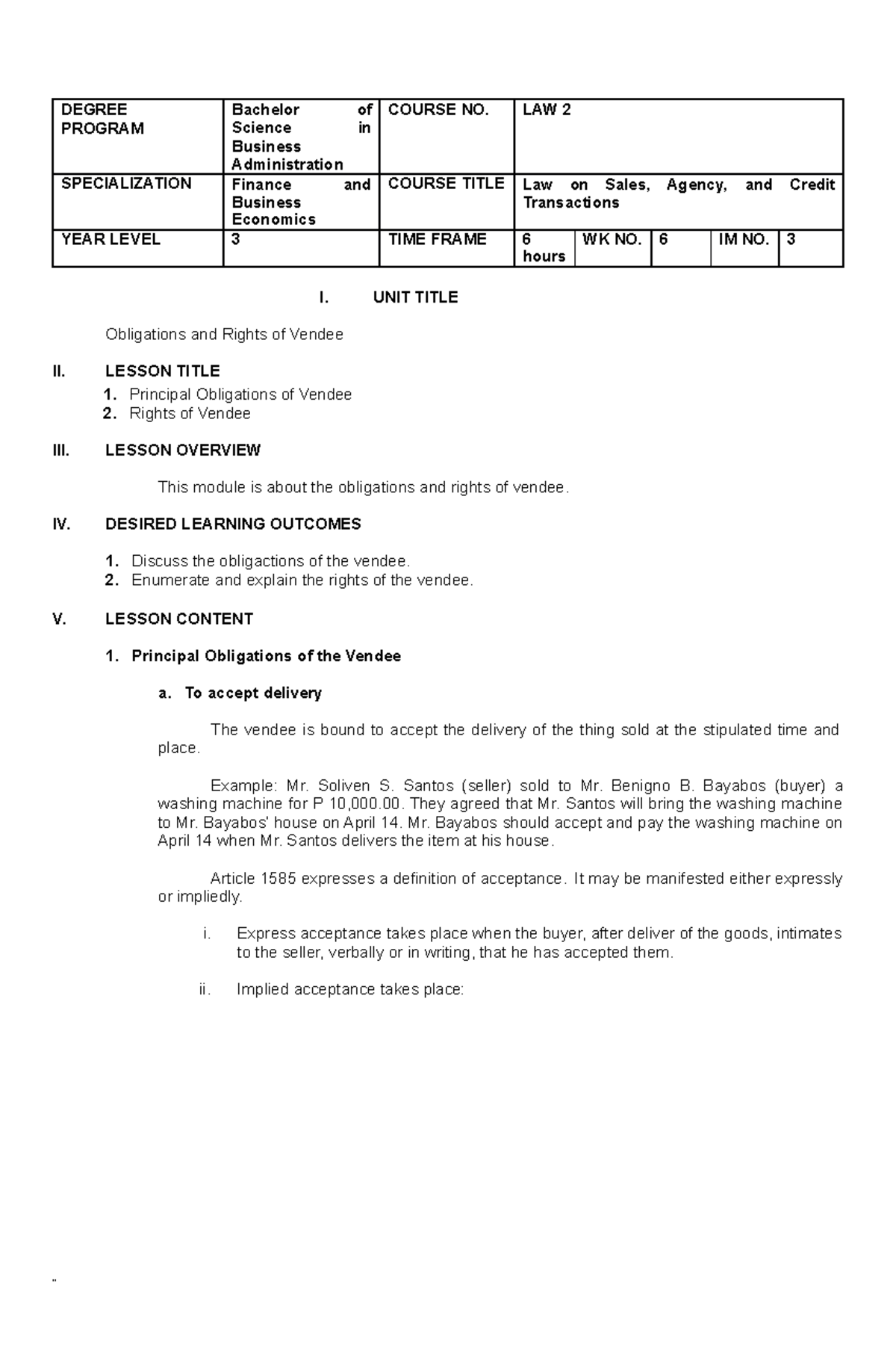 Module 3 Law 2 - lecture notes and activities - “ I. UNIT TITLE ...
