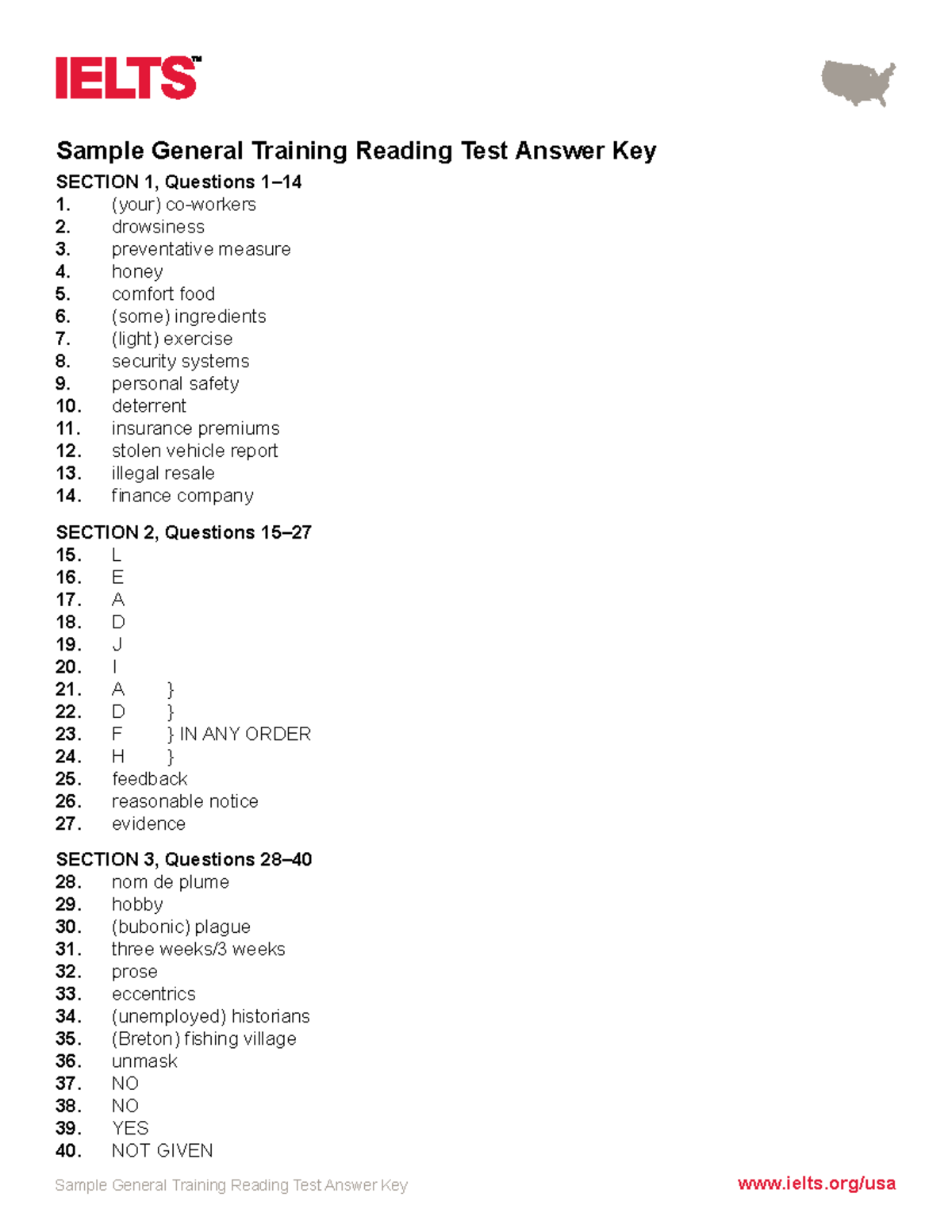 Ielts usa practice general training reading test answer key33 - Sample ...