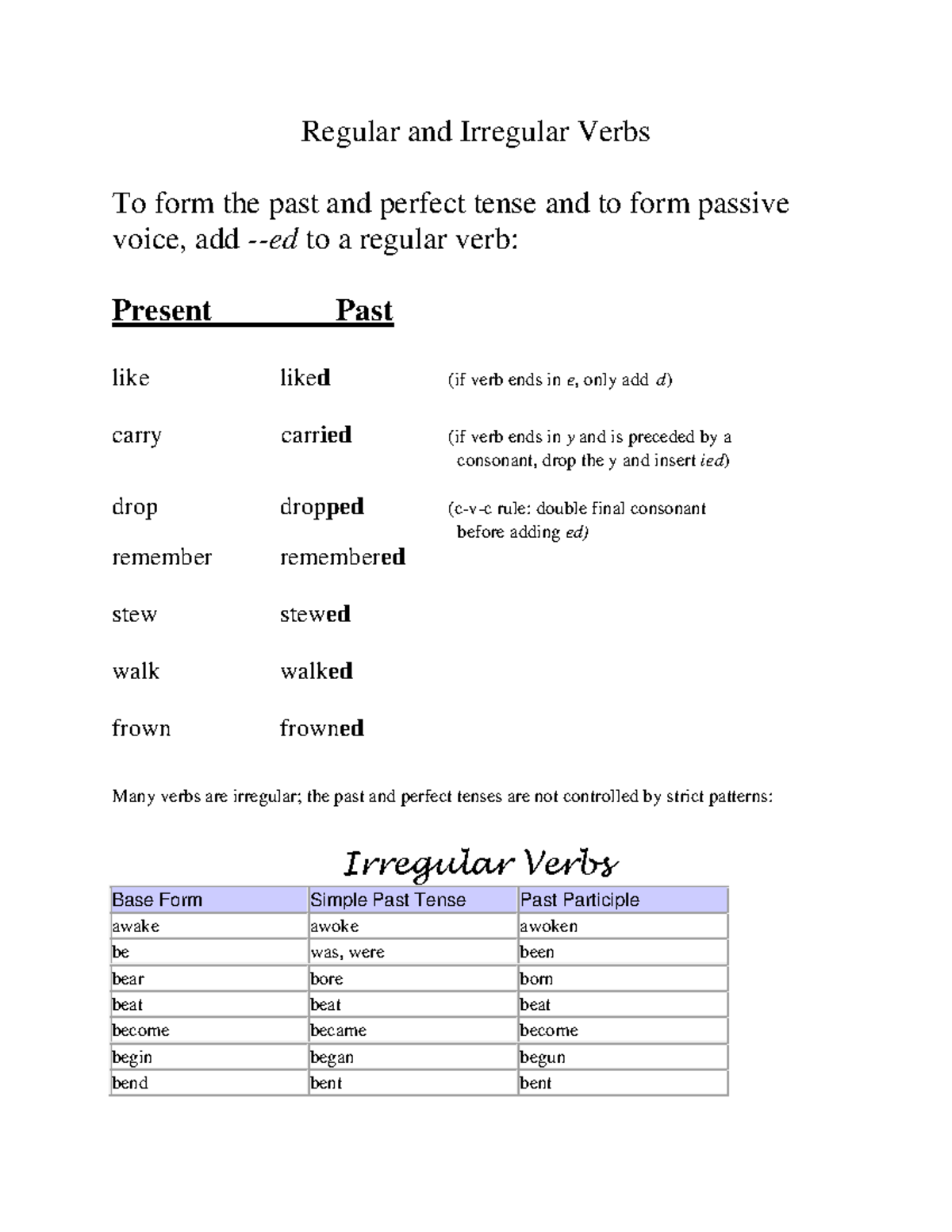 Regular and Irregular Verbs - Studocu