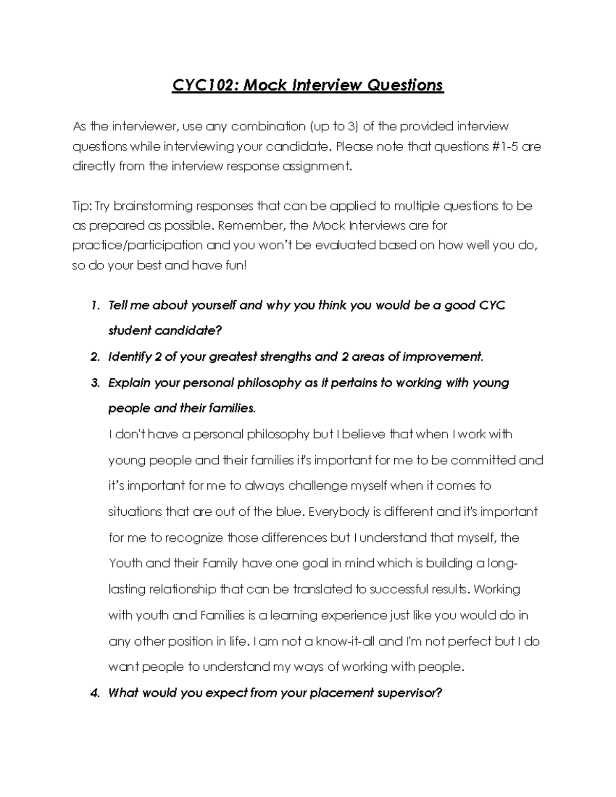 Mock Interview Questions - Please note that questions #1-5 are directly ...